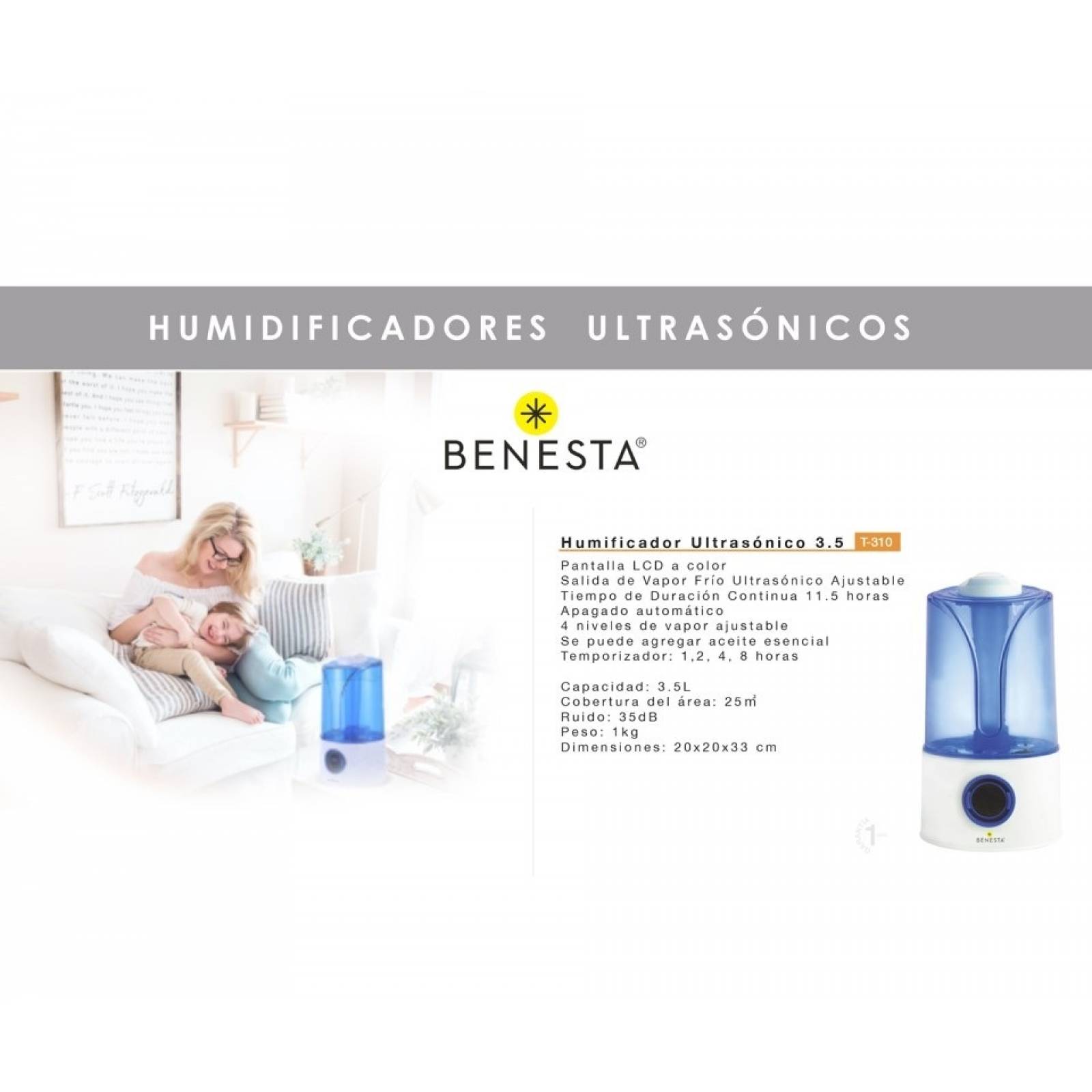 Humidificador Ultrasónico 3.5L Pantalla LCD Benesta