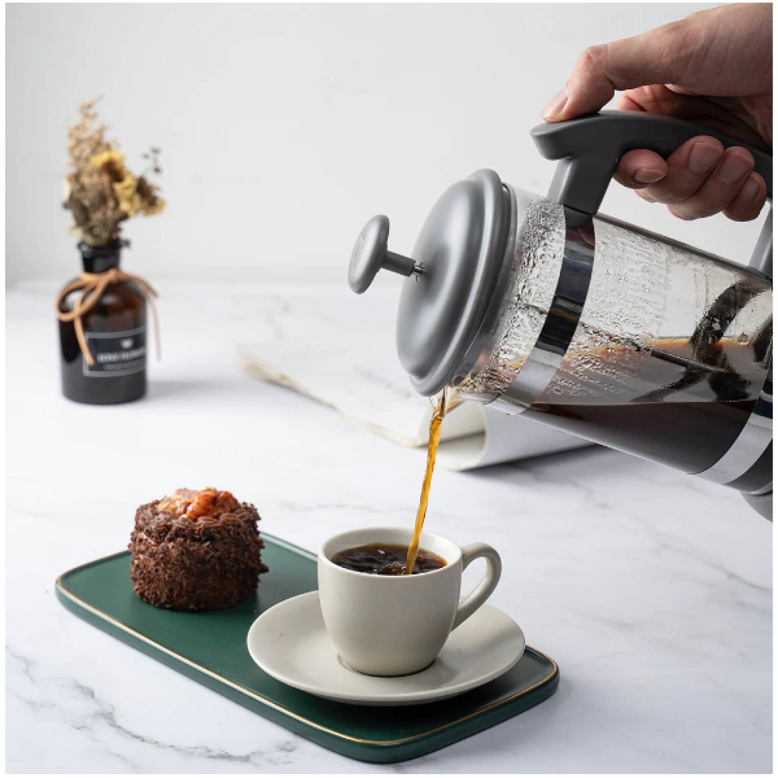 Prensa Francesa Café 1L Vidrio PVC Filtro Silicón Gris Brang