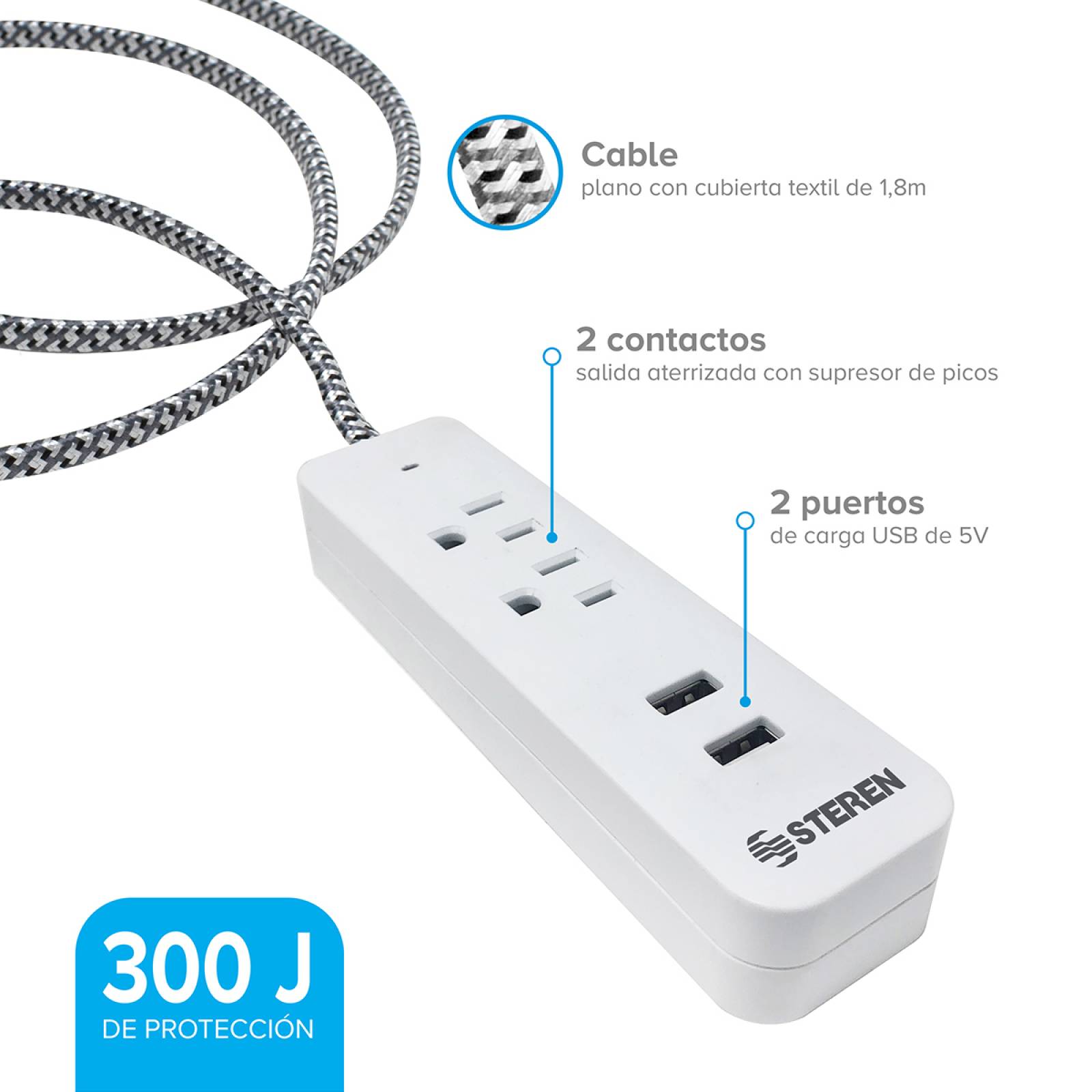 Steren Multicontacto de 2 salidas horizontales, doble cargador USB y c