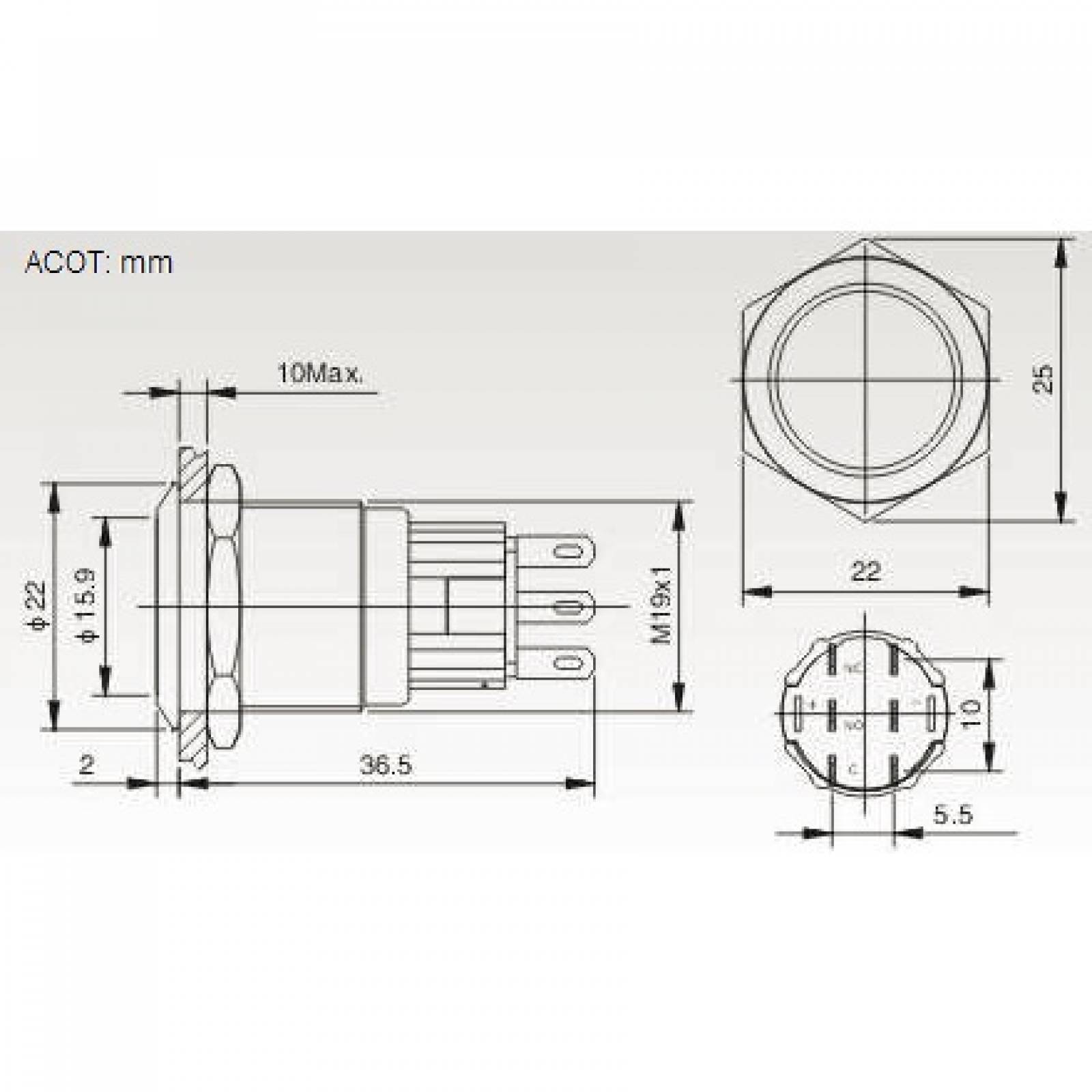 Switch de push, con botón redondo metálico, normalmente abierto o no