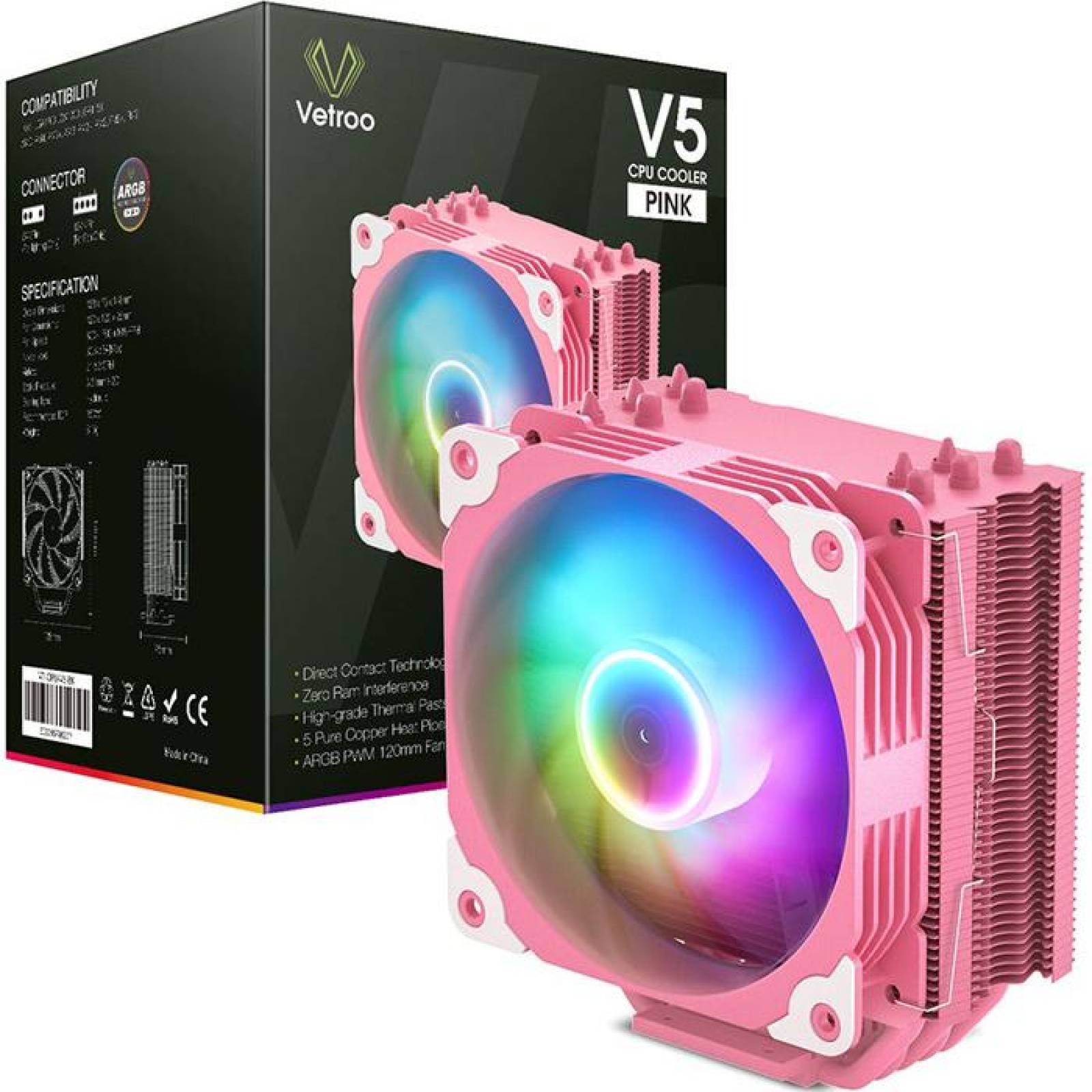 Disipador CPU VETROO V5 ARGB INTEL 12th LGA 1700 AMD AM4 Rosa