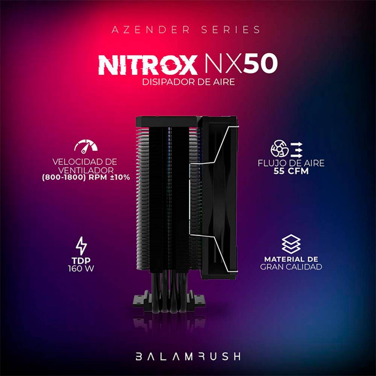 Disipador CPU Gamer BALAM RUSH NITROX NX50 120 mm ARGB LGA 1700 AM5 800-1800 rpm 4-pin Negro BR ...