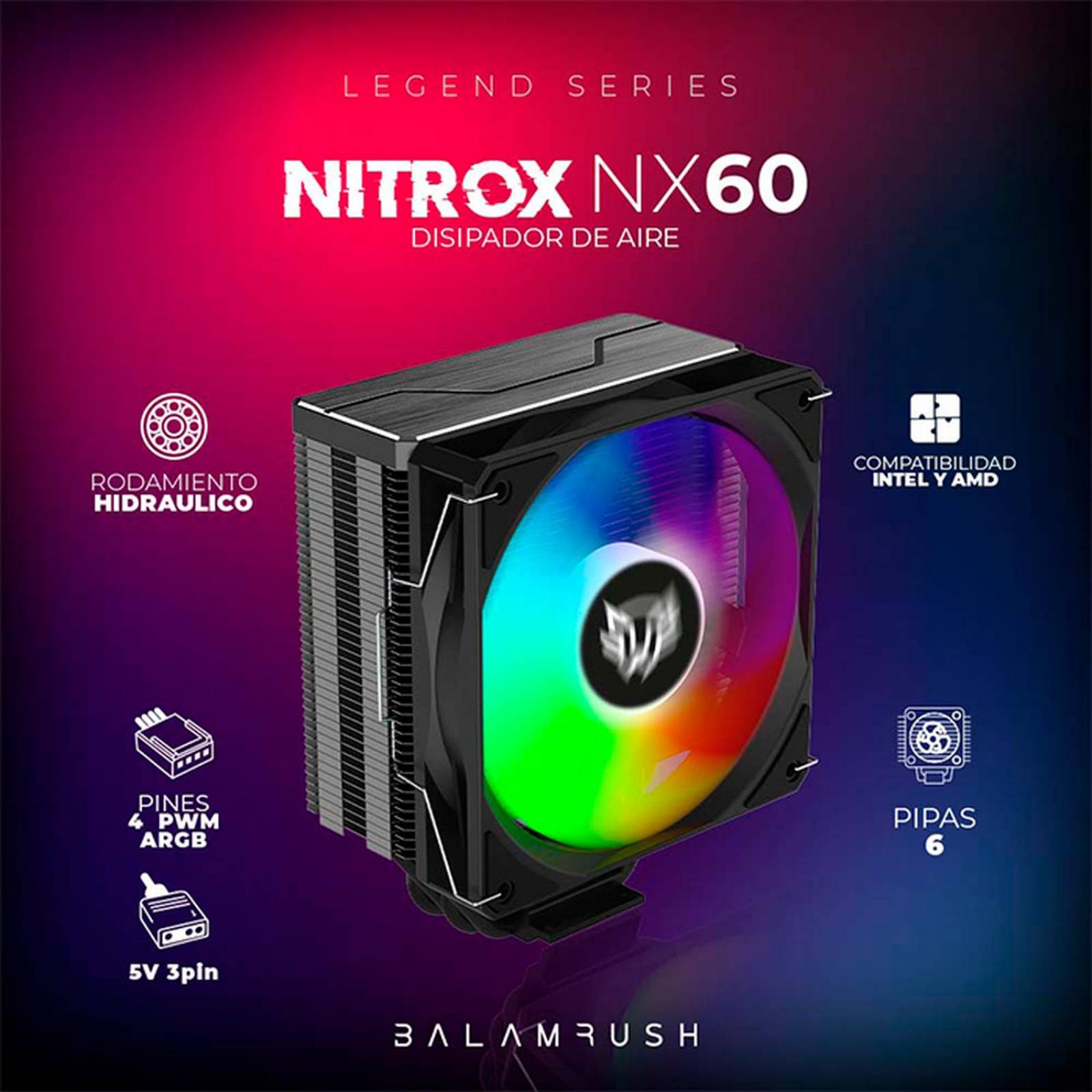 Disipador CPU Gamer BALAM RUSH NITROX NX60 120mm ARGB LGA 1700 AM5 600 ...