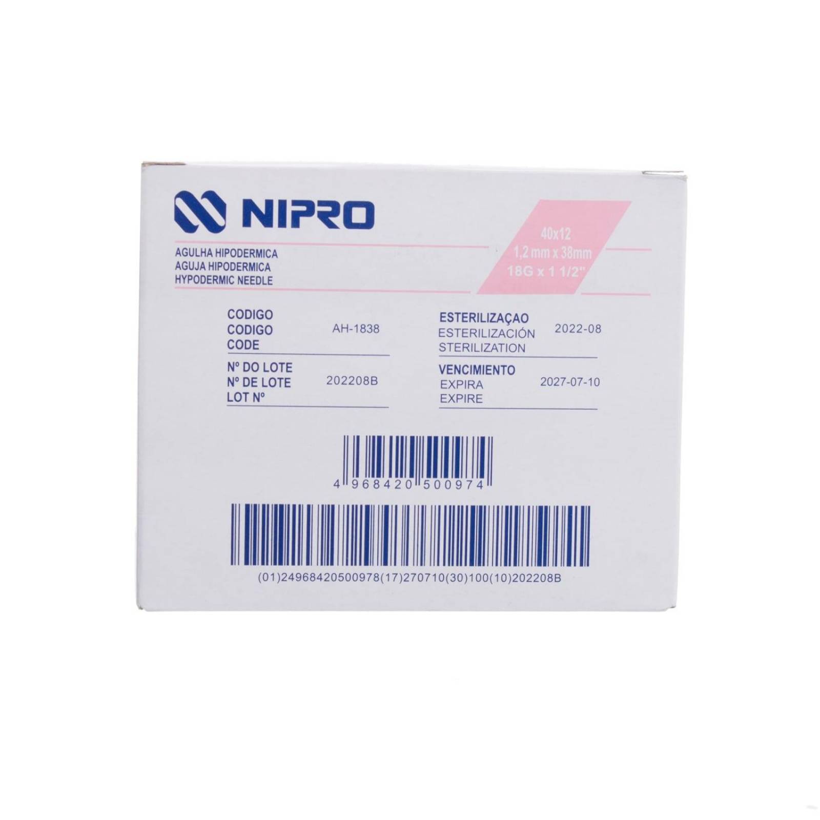 Aguja Hipodérmica 18G x 38mm - 100 piezas - Nipro