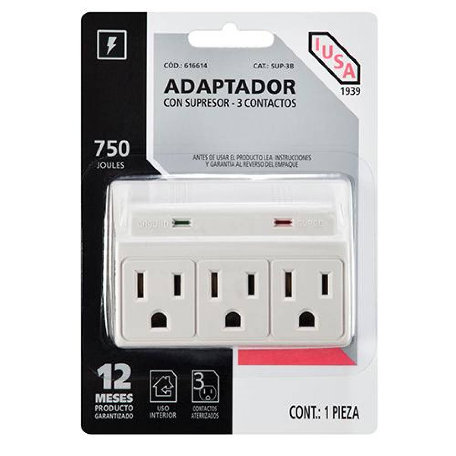 Adaptador Multicontacto Con Supresor de Picos 3 Entradas