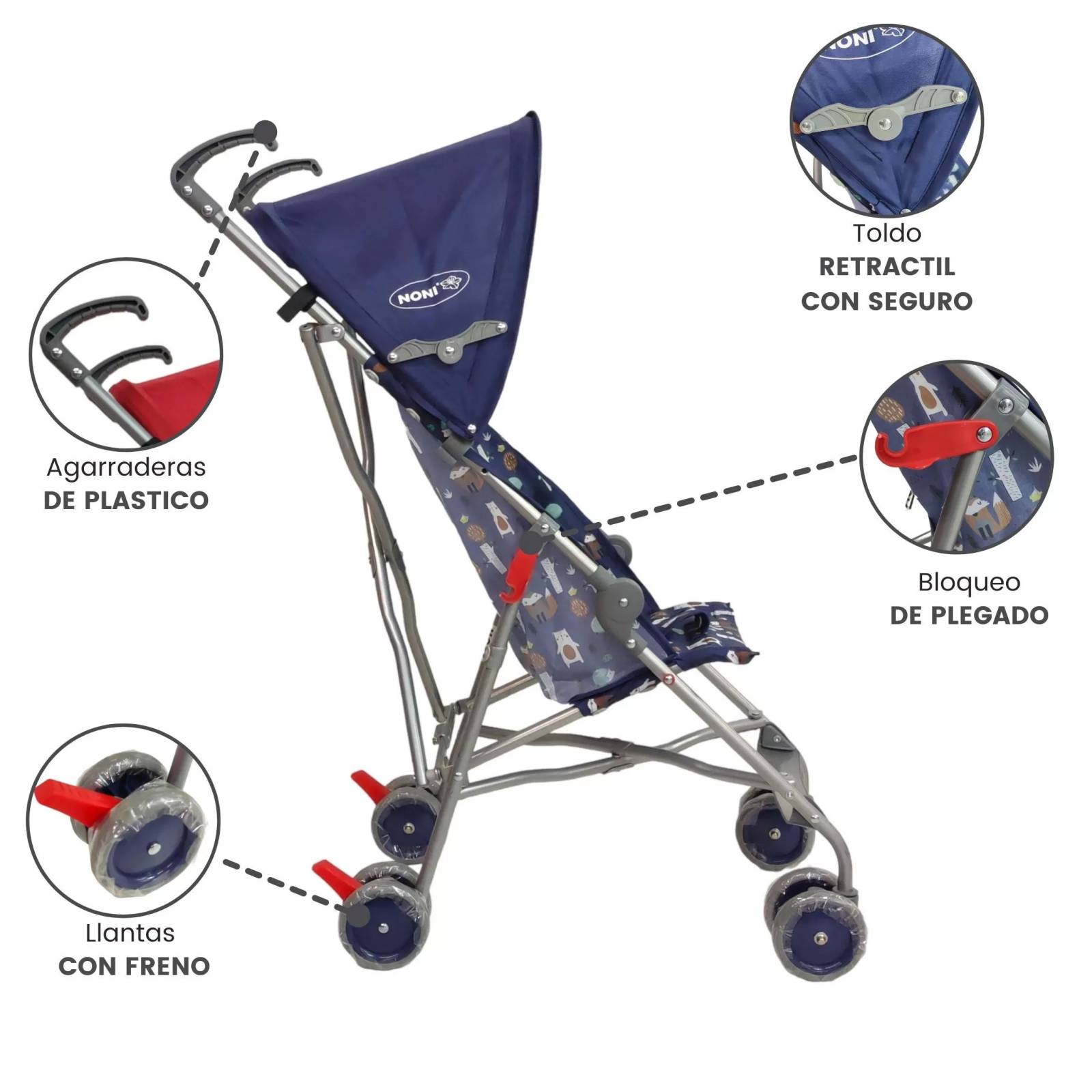 Carriola para Bebe de Baston,Toldo,Cinturon,Compacta,Frenos - Azul