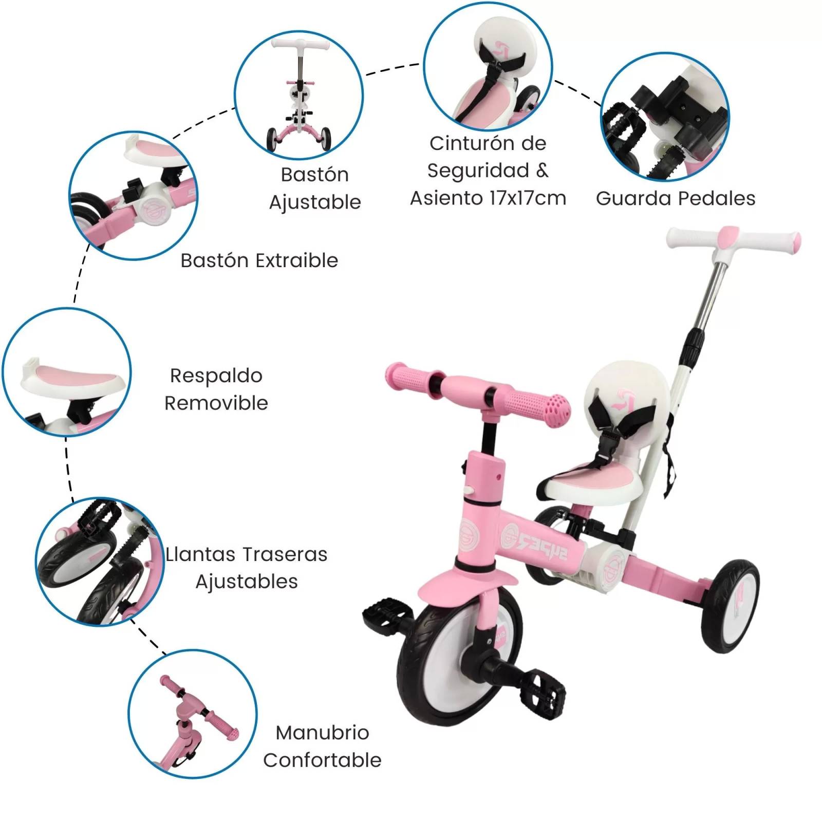 Triciclo para Niños 4 en 1 Bicicleta de Equilibrio y Balance - Rosa.