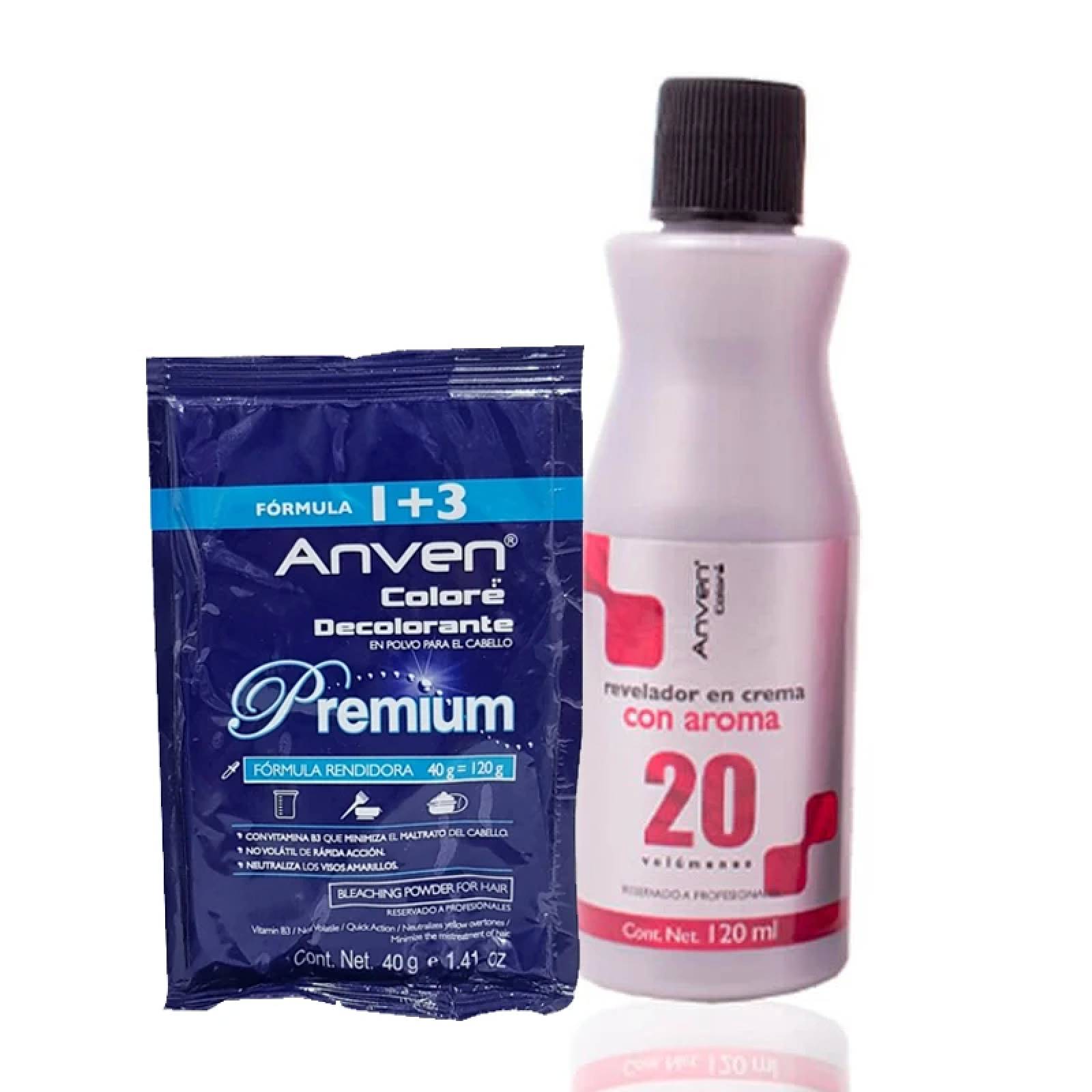 Decolorante En Polvo Premium Anven Sobre 40 g + 90 mL de revelador.