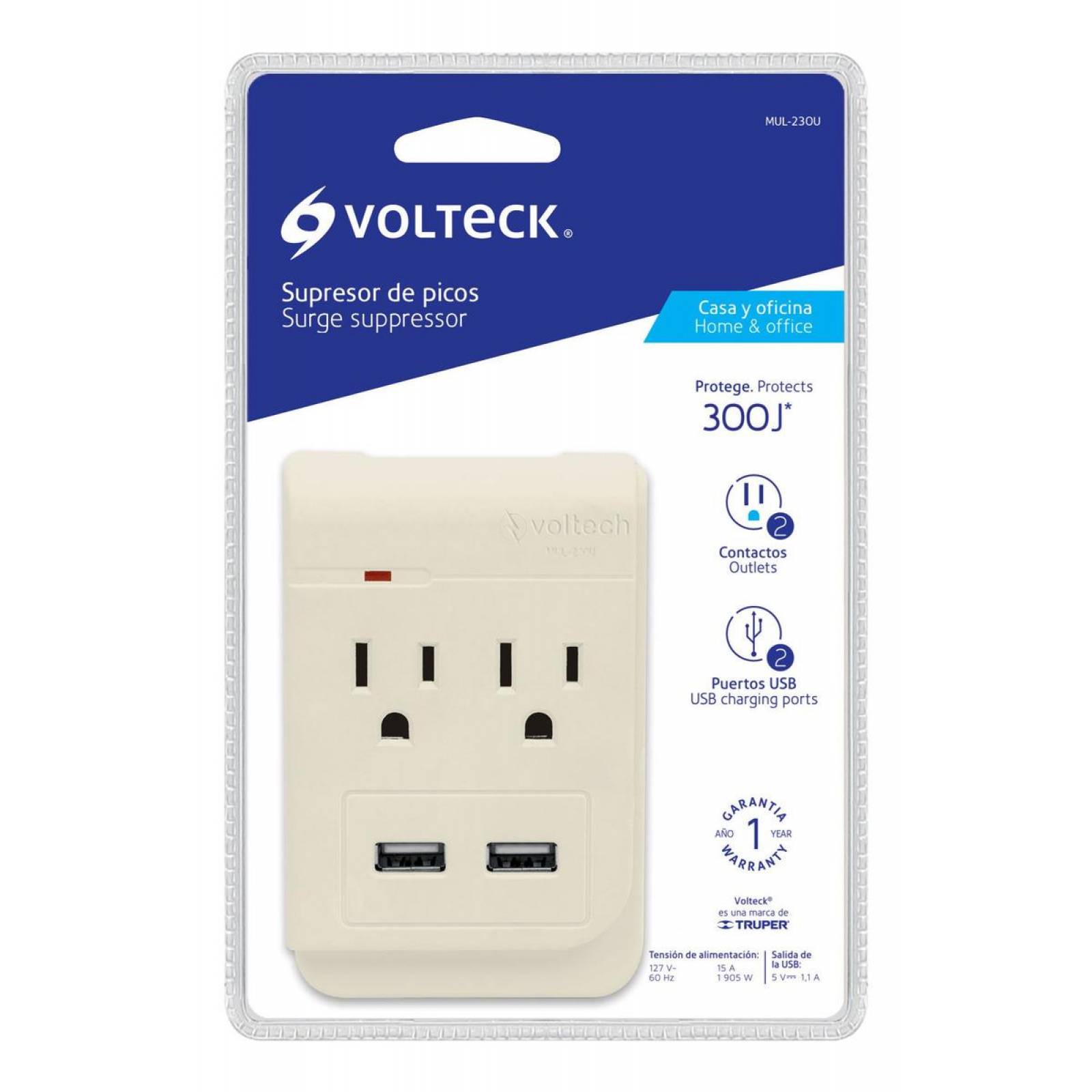 Multicontacto 2 Entradascon 2 Entradas Usb At Volteck 46088