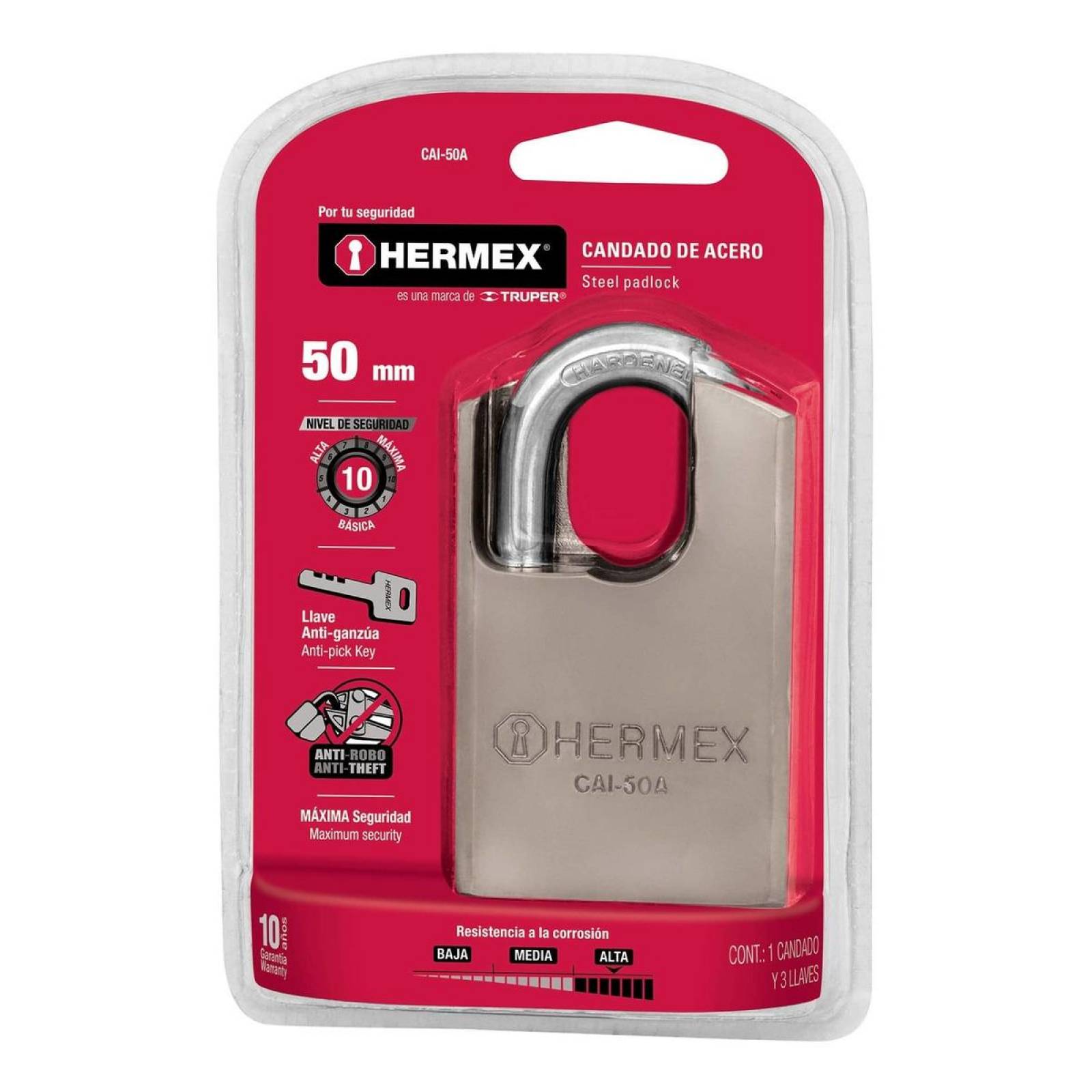 Candado De Acero Máxima Seguridad 50mmllave A Hermex 43334