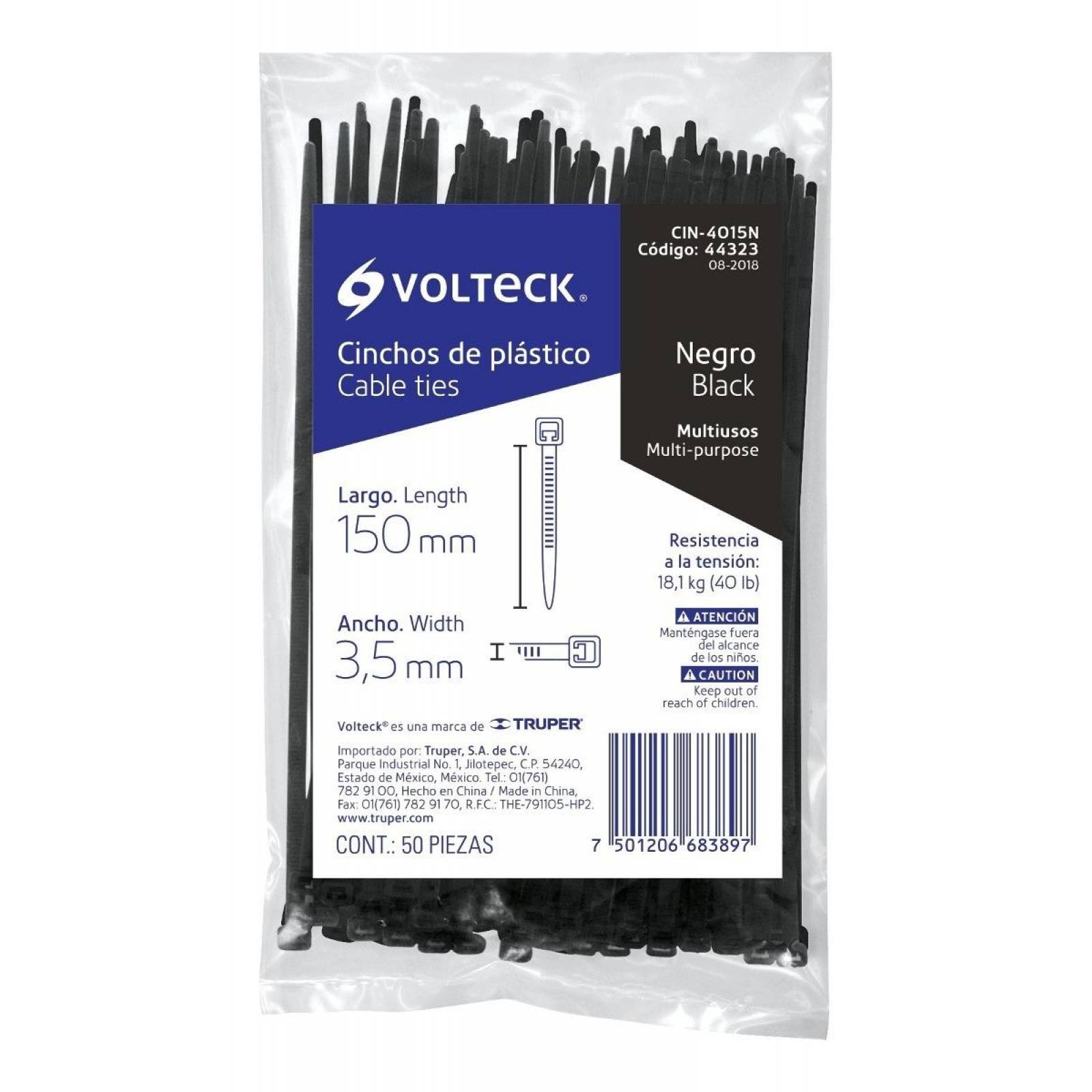 Cincho plástico, 40 lb, 15 cm, negro, bolsa con 50 pzas Volteck