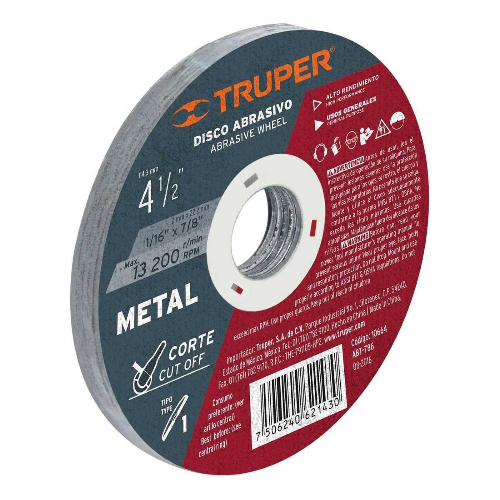 Disco Para Corte De Metal 41 Diámetro 4-1/2' Truper 10664