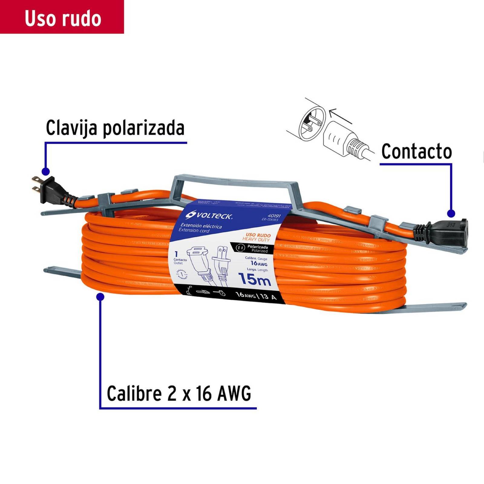 Extensión eléctrica uso rudo 15 m 2x16 AWG para 1 clavija