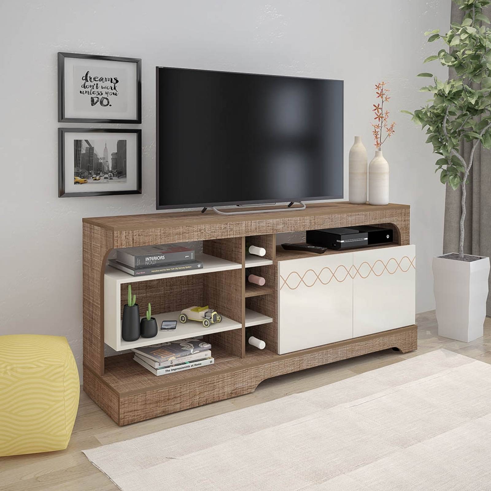 Mesa De TV Bertolini Montreal Canela Off White Pantalla 50 Pulgadas