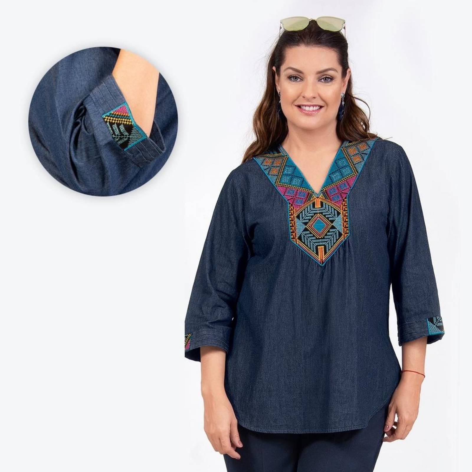 Blusa Dama Mujer Size Plus Algodón Stone Manga 3/4 Casual