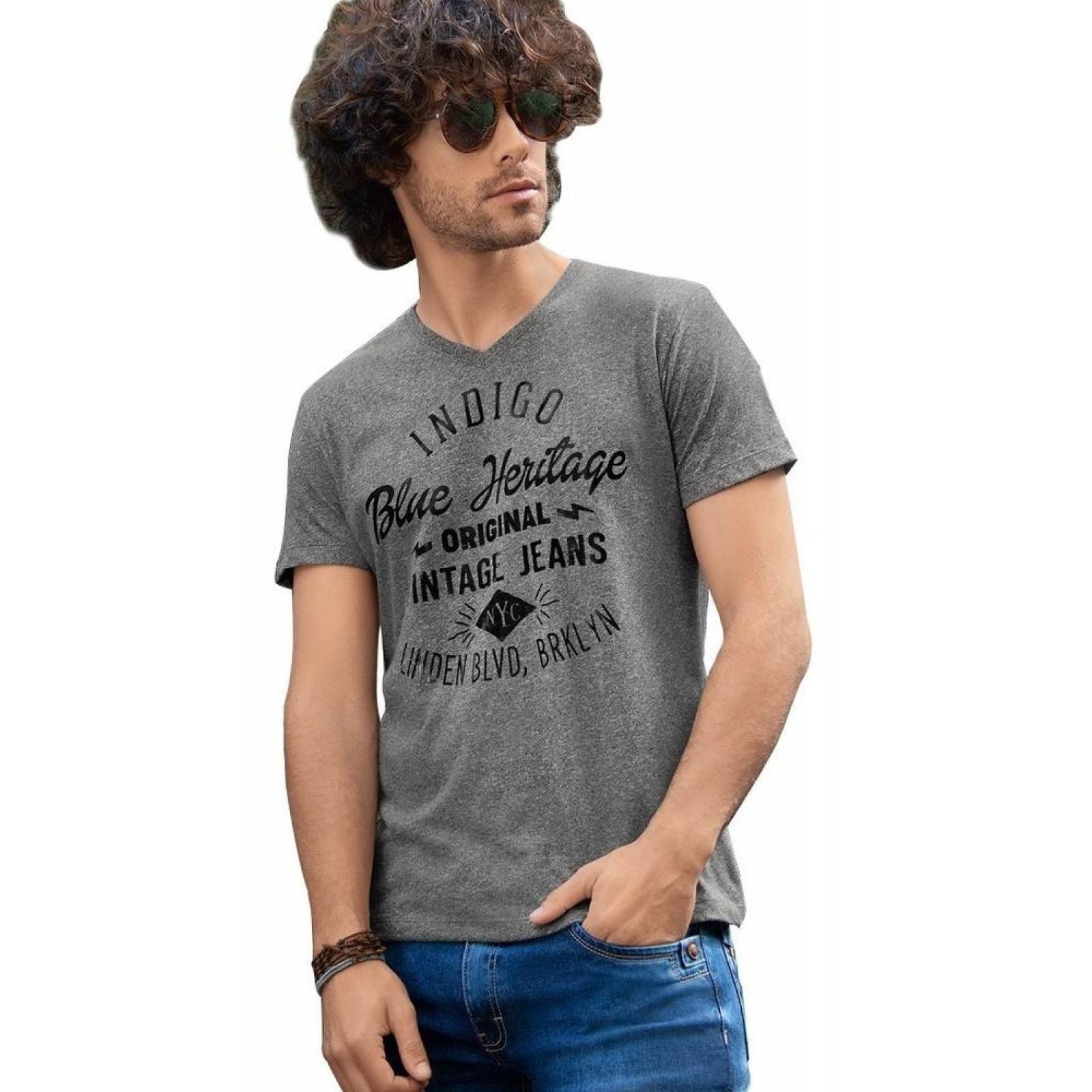 Playera Hombre Caballero Algodon Gris Casual Estampado Comod