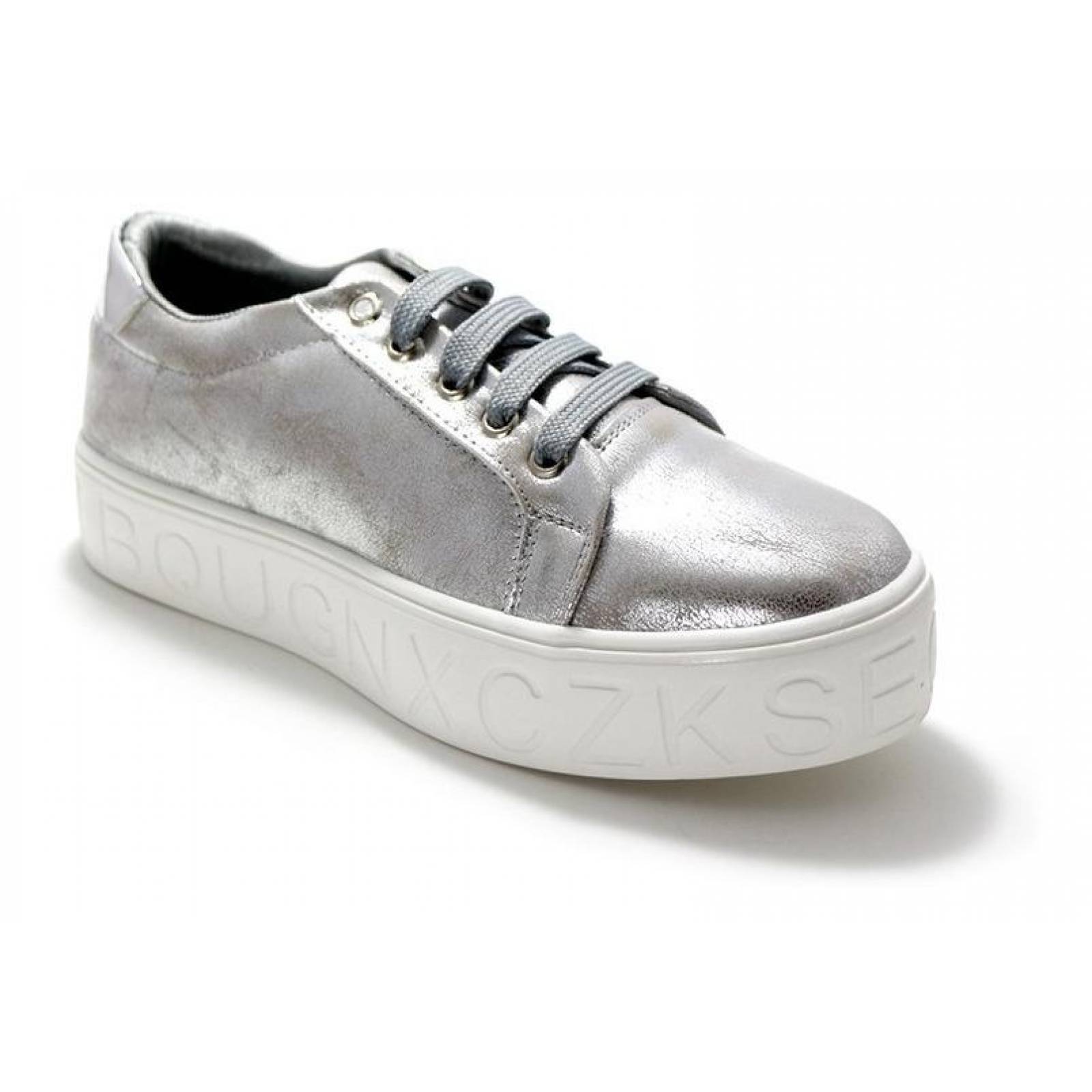 Calzado Dama Mujer Tenis Casual Tipo Piel En Plata Comodo