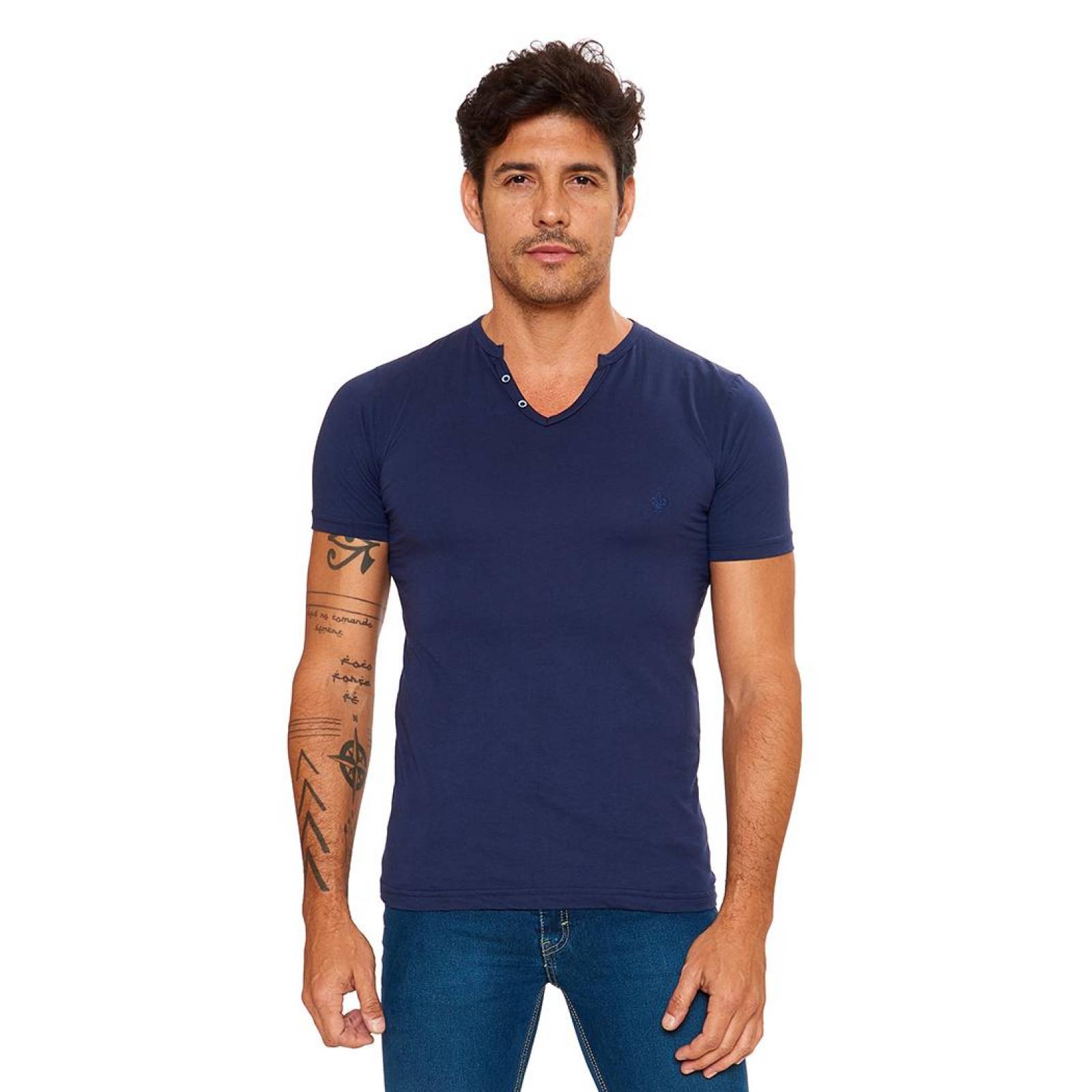 Playera para hombre con cuello V, azul marino, manga corta