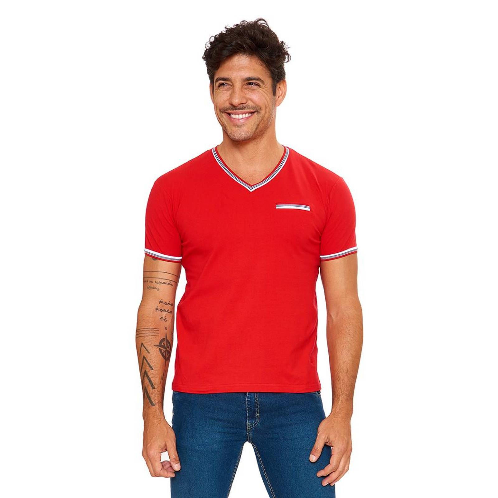 Playera Casual Cuello V Color Rojo Manga Corta Hombre