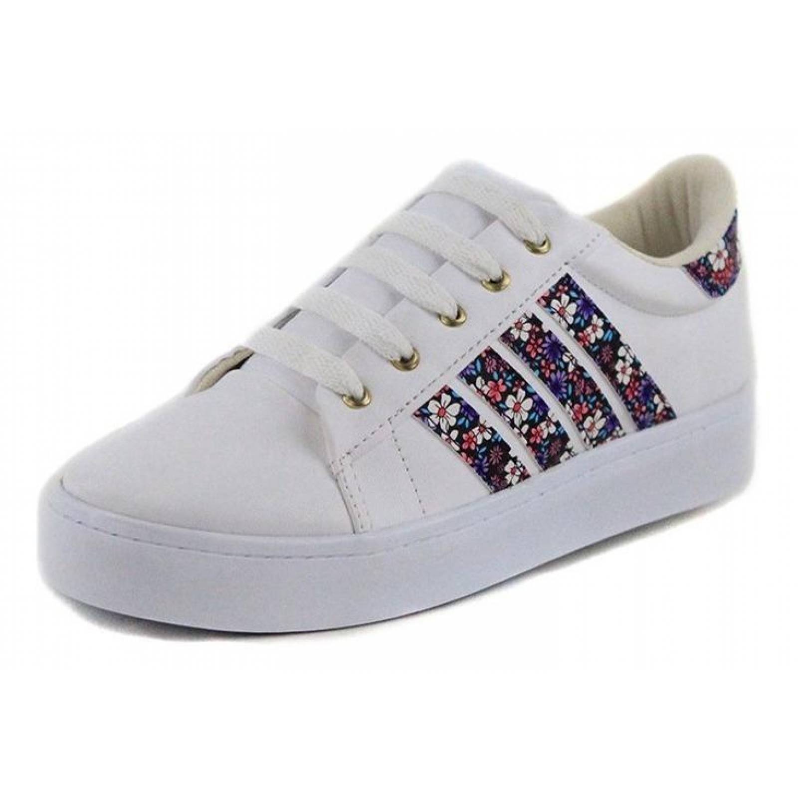 Tenis Dama Tipo Piel Urbanos Blanco Cómodos Florales