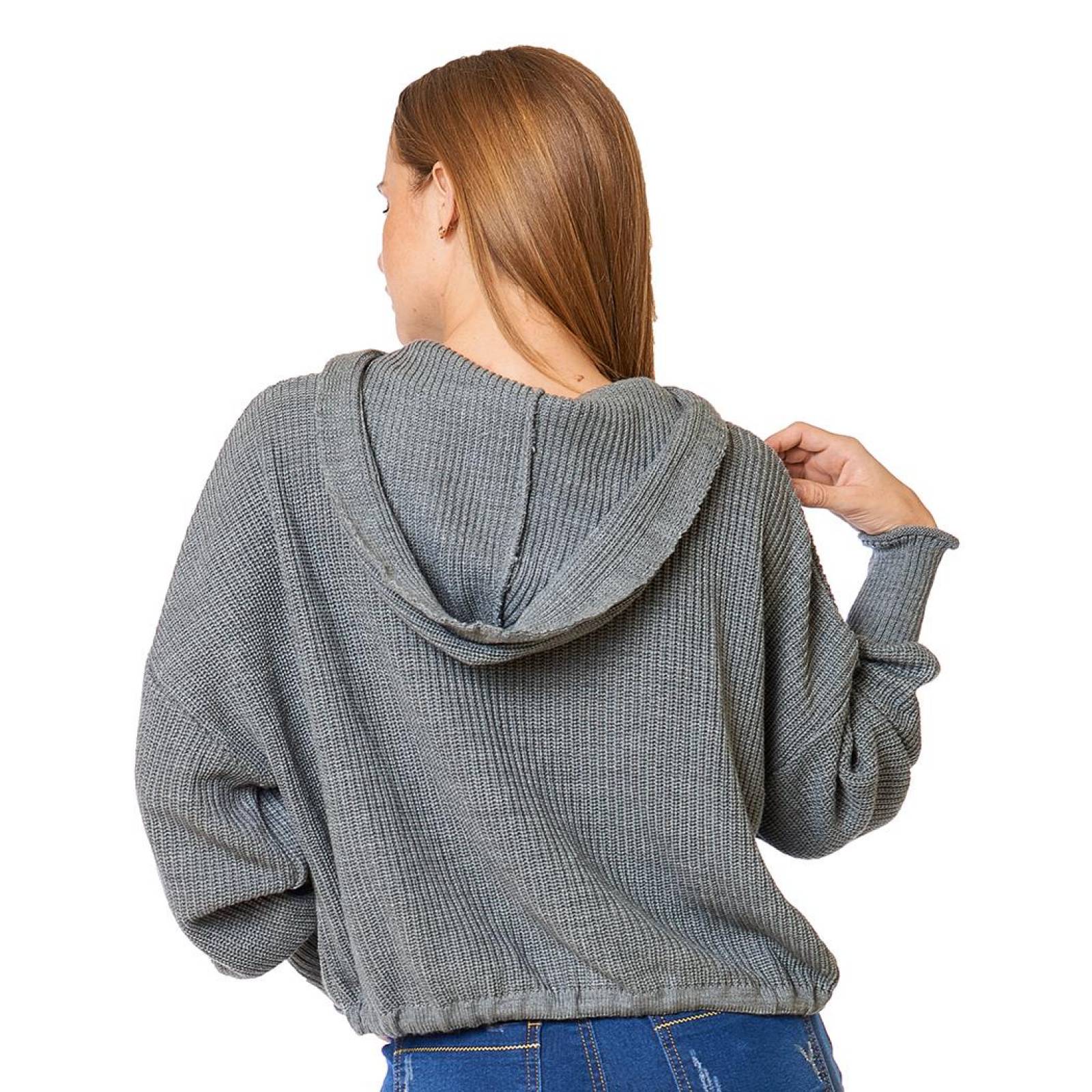 Suéter Mujer Amplio Tejido Jareta y Capucha Gris Casual Cómodo