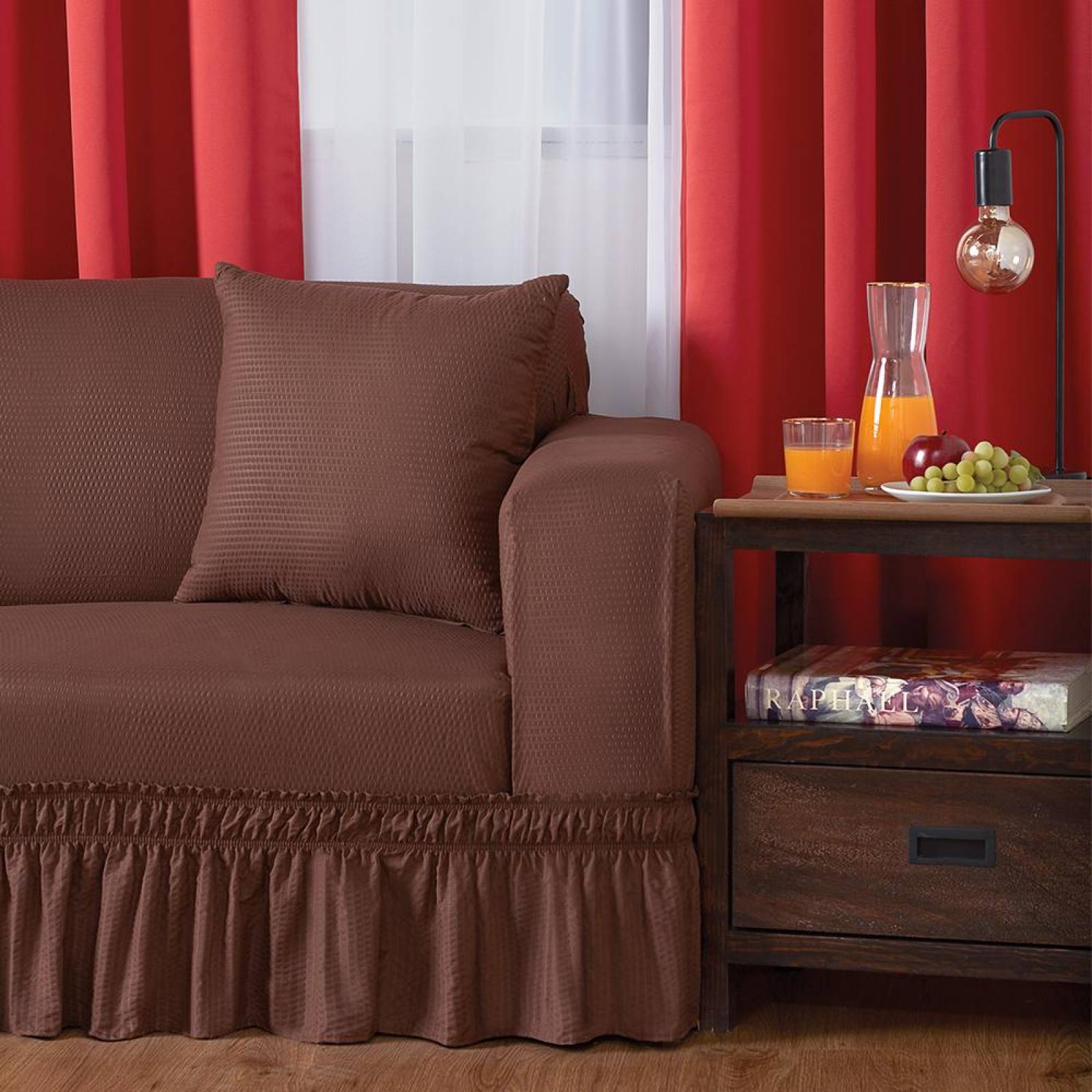 Juego De Cubre Salas Con 3 Plazas Con Faldón Café Ultra Suave