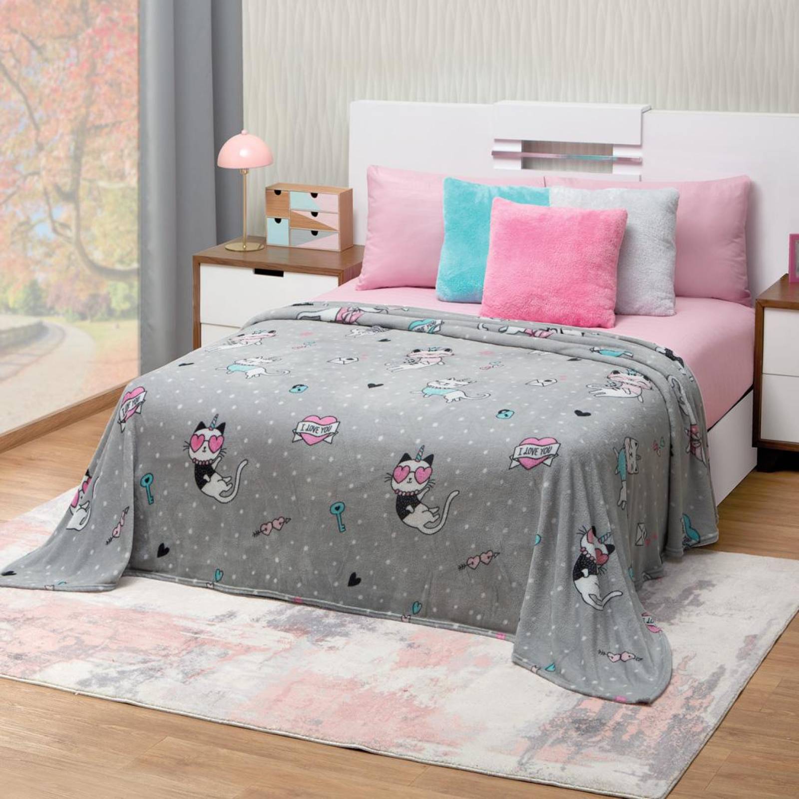 Cobertor Ligero Queen Gatitos Gris Individual Ultra Suave