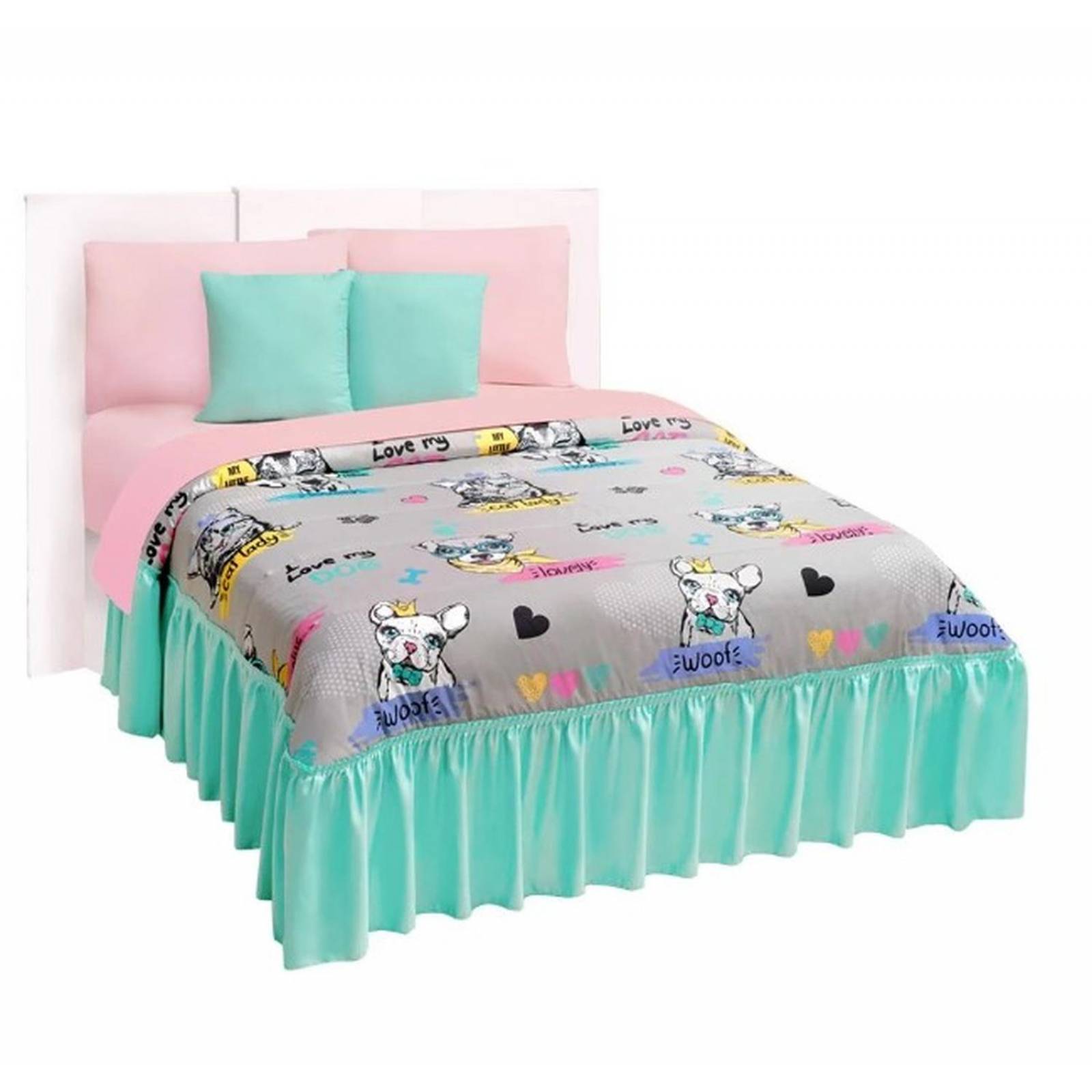 Colcha Matrimonial Perros y Gatos Con Cojines Ultra Suave