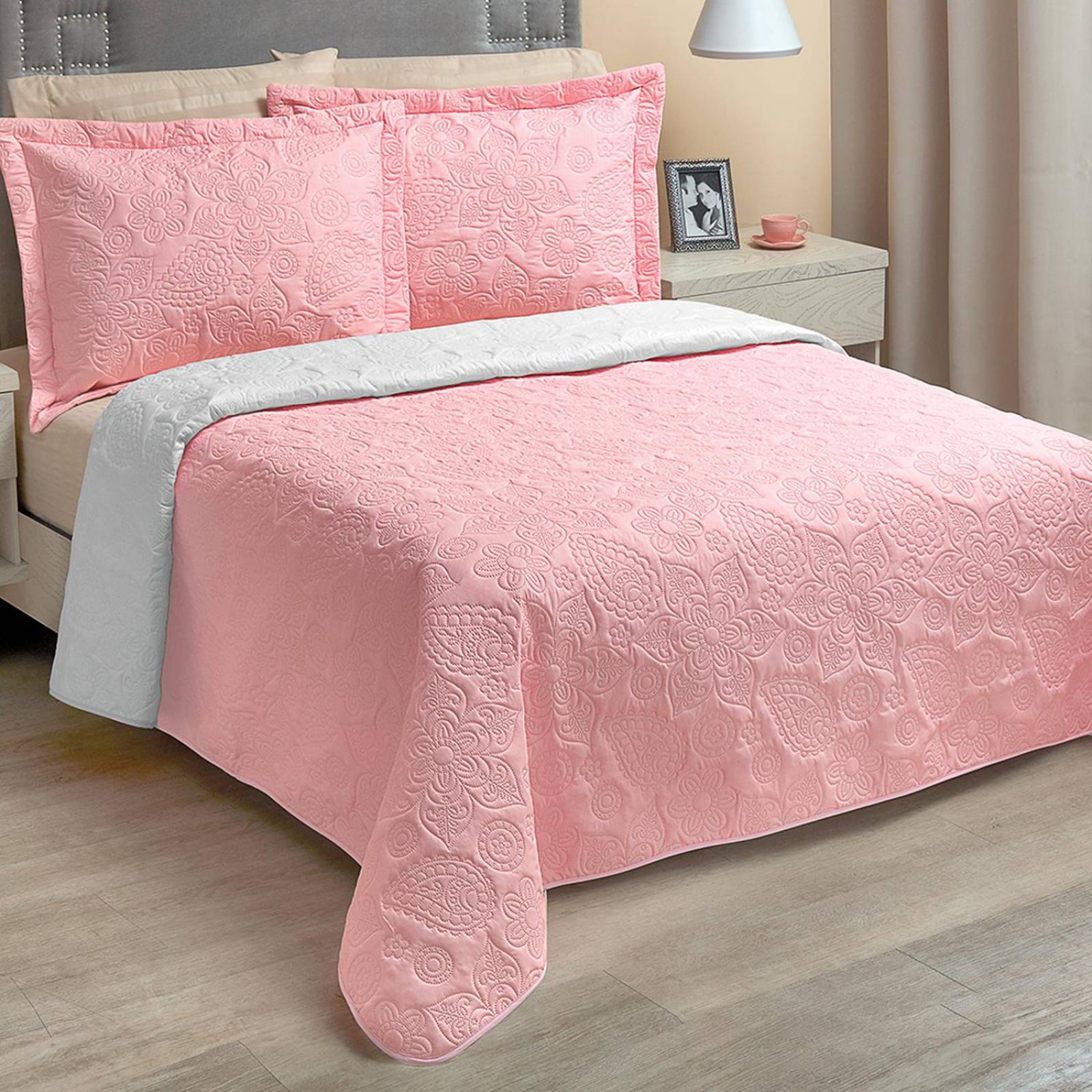 Edredón King Size Ultra Suave Color Rosa Con Texturas Flores