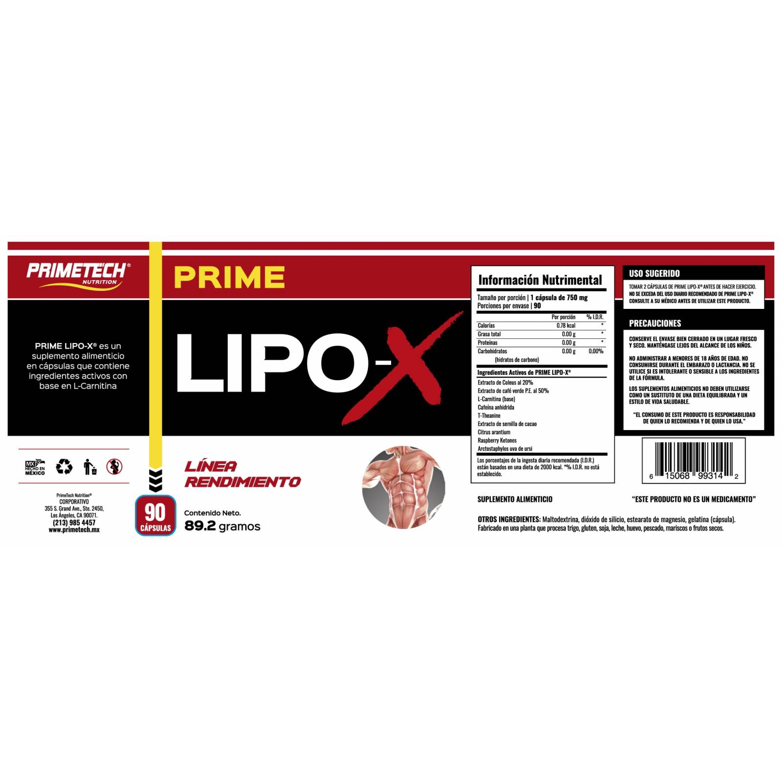 Lipo-X Termogénico Primetech 90 caps 750mg c/u