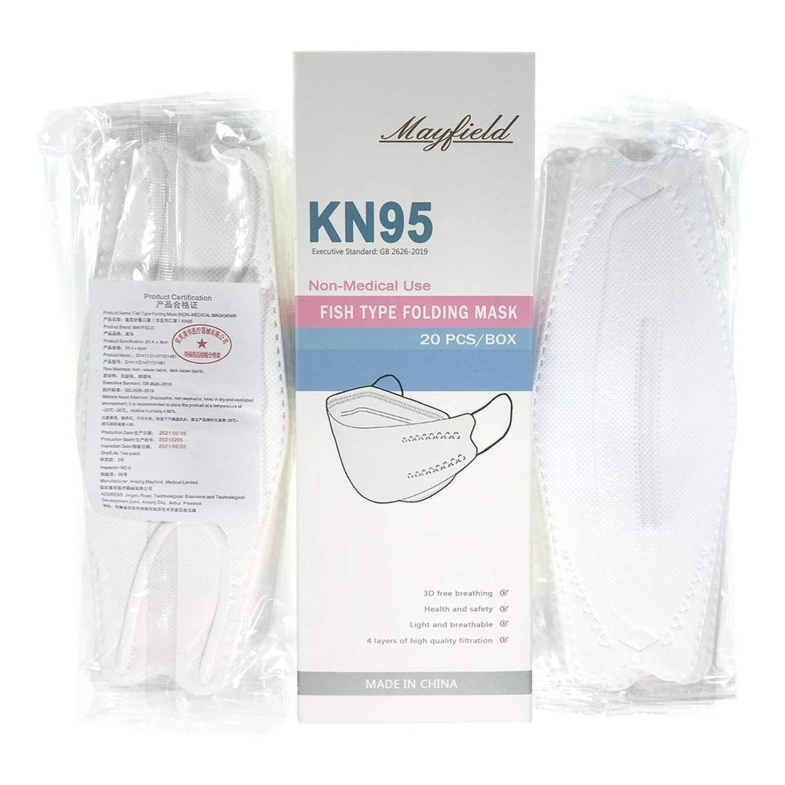 Cubrebocas Kn95 Fish Type Mask 4 Capas Filtracion 95% 20pzs