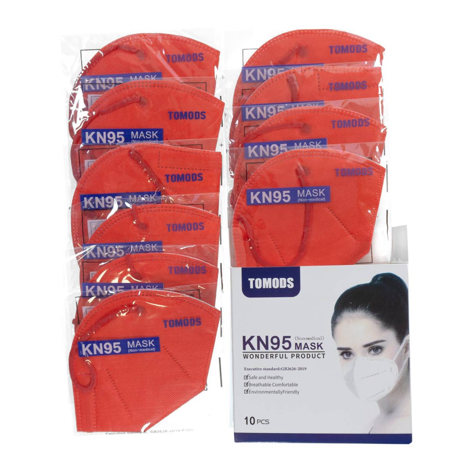 Cubrebocas Kn95 Tomods Mascarillas Certificados Caja 10 Pzs Rojo