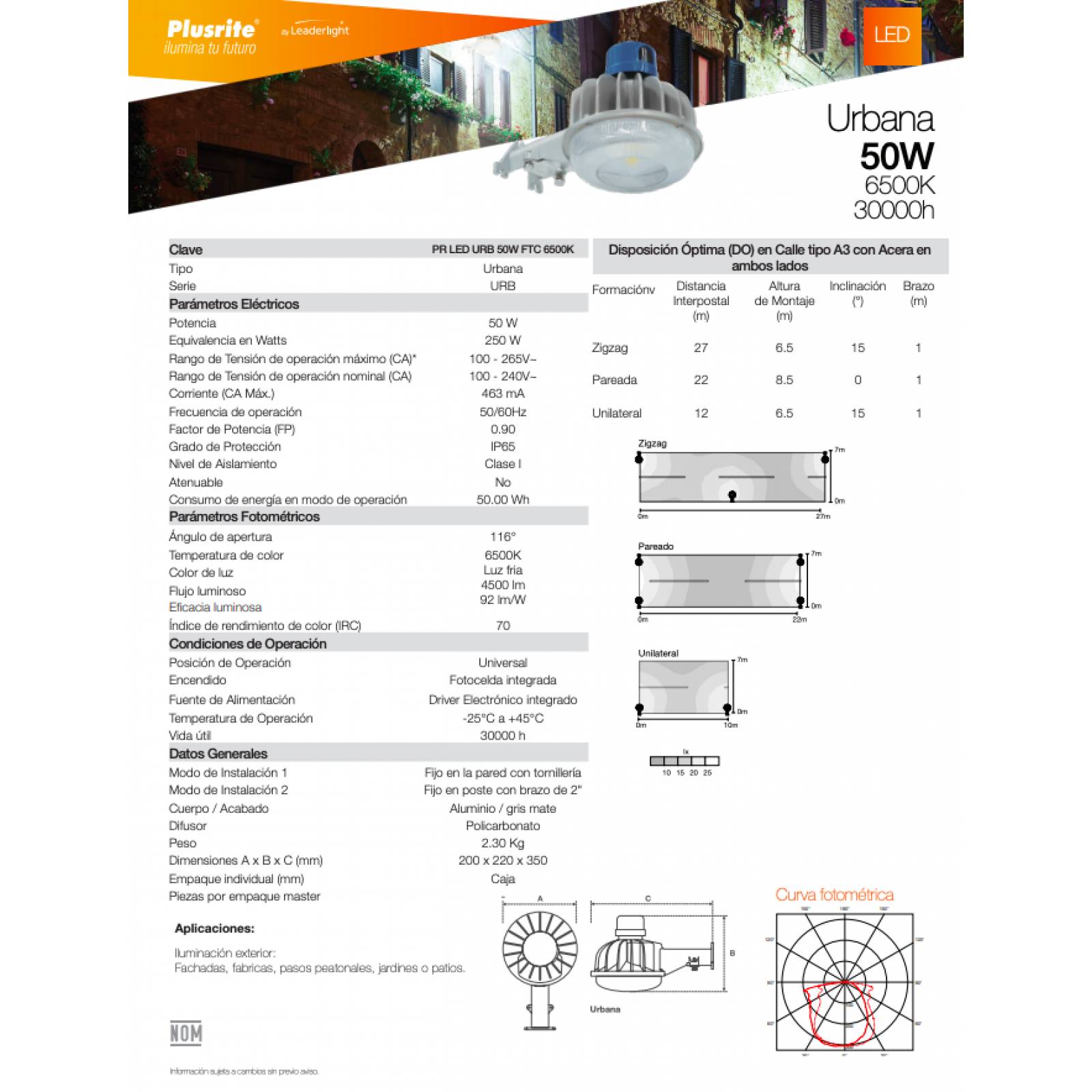 Luminaria Led Plusrite Urbana 50W 6500K 30000 Horas