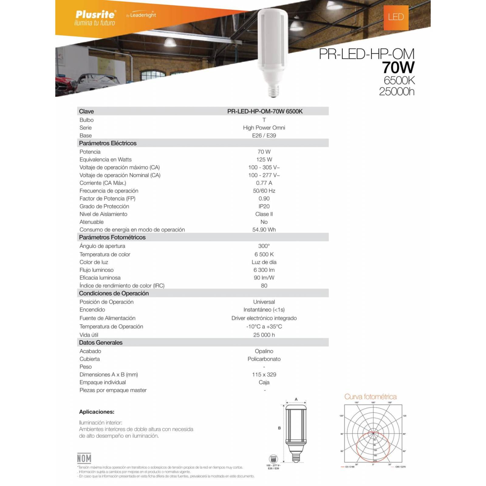 LAMPARA LED PLUSRITE HIGH POWER 70W E39