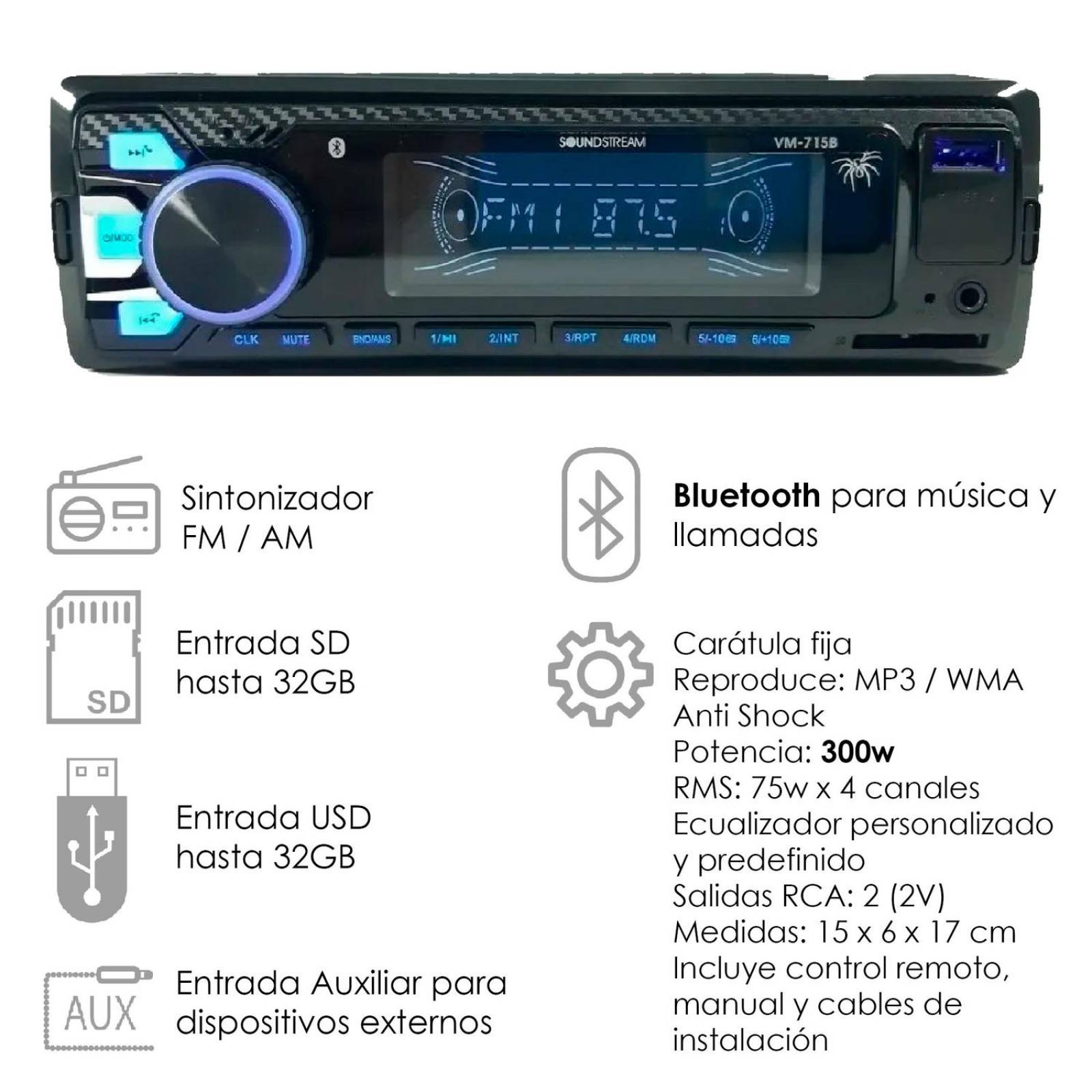 Autoestereo Con Bluetooth Soundstream 715B Entrada USB SD MP3 y control