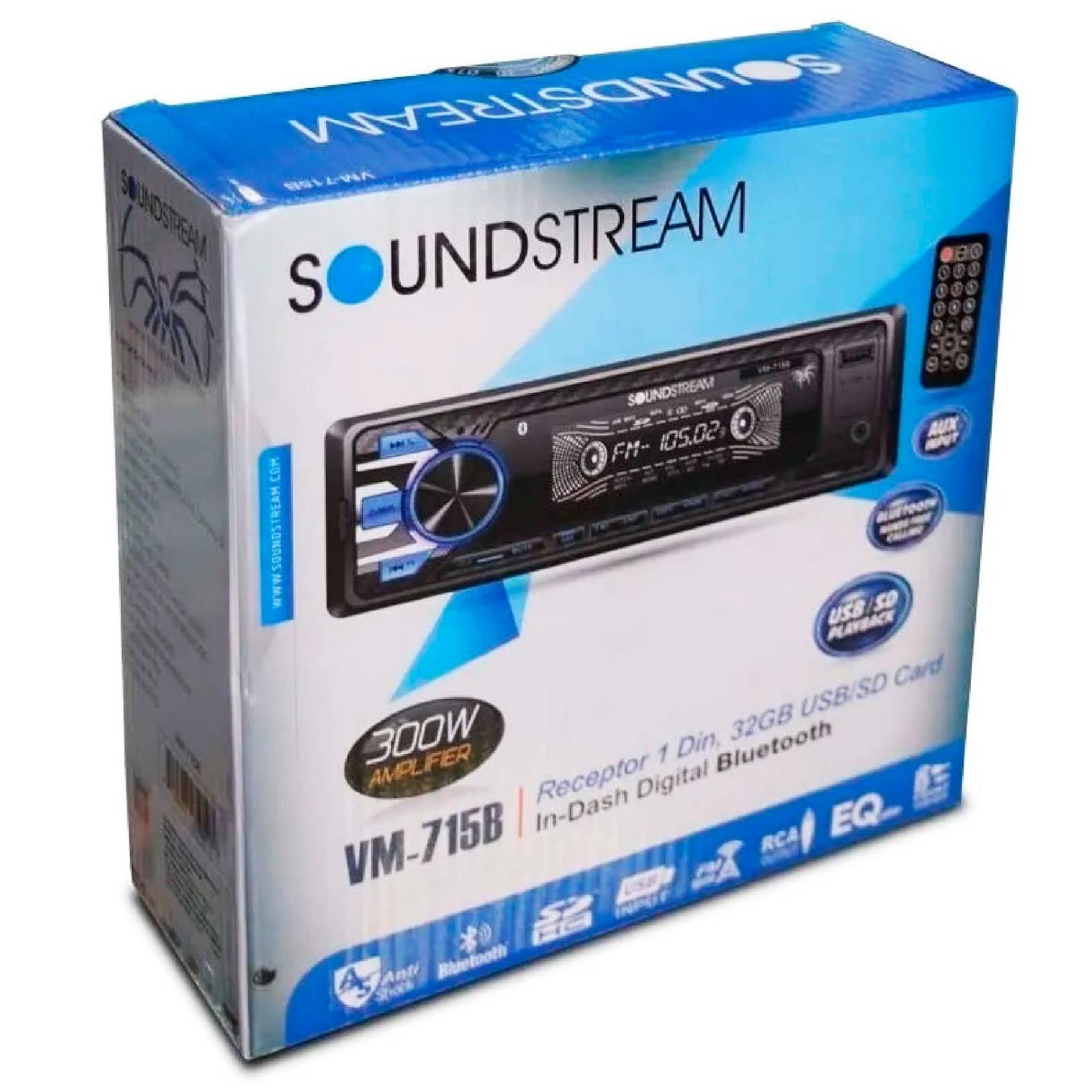 Autoestereo Con Bluetooth Soundstream 715B Entrada USB SD MP3 y contro
