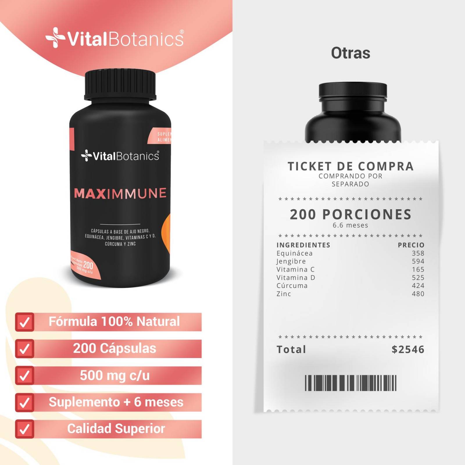 Maximmune Vitamina C Vital Botanics D3, Jengibre y Curcuma