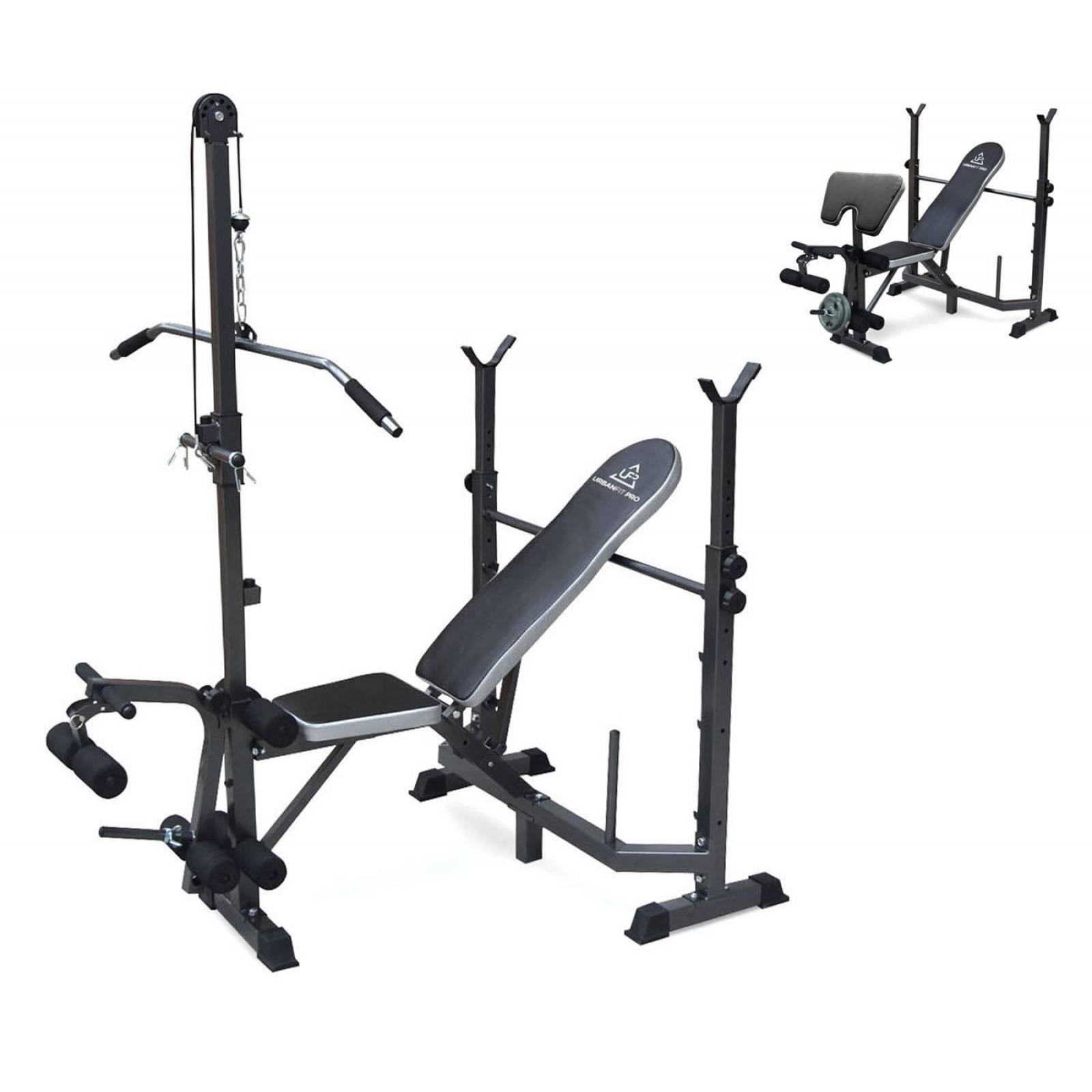 Kit Banco con Polea 54 lb Discos Barra Plana Z y mancuernas