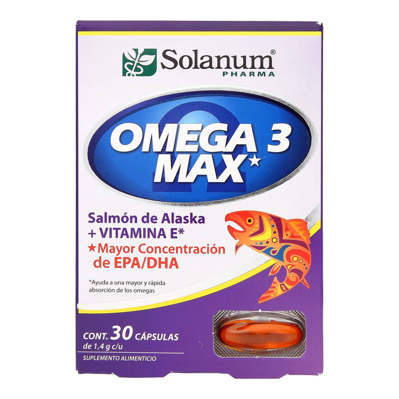 SOLANUM OMEGA 3 MAX 30 CÁPSULAS CAJA ACEITE DE SALMÓN 735 MG