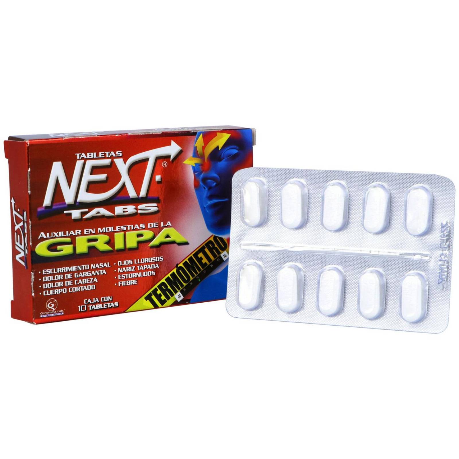 Next Tabs 500 mg / 25 mg / 5 mg / 4 mg Caja Con 10 Tabletas Con Termómetro