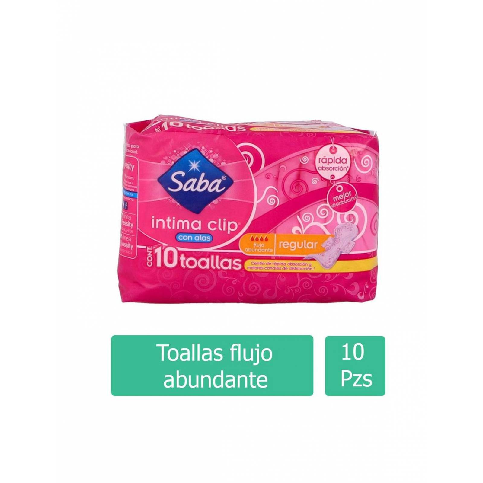 SABA INTIMA CLIP CON ALAS PAQUETE CON 10 TOALLAS REGULAR