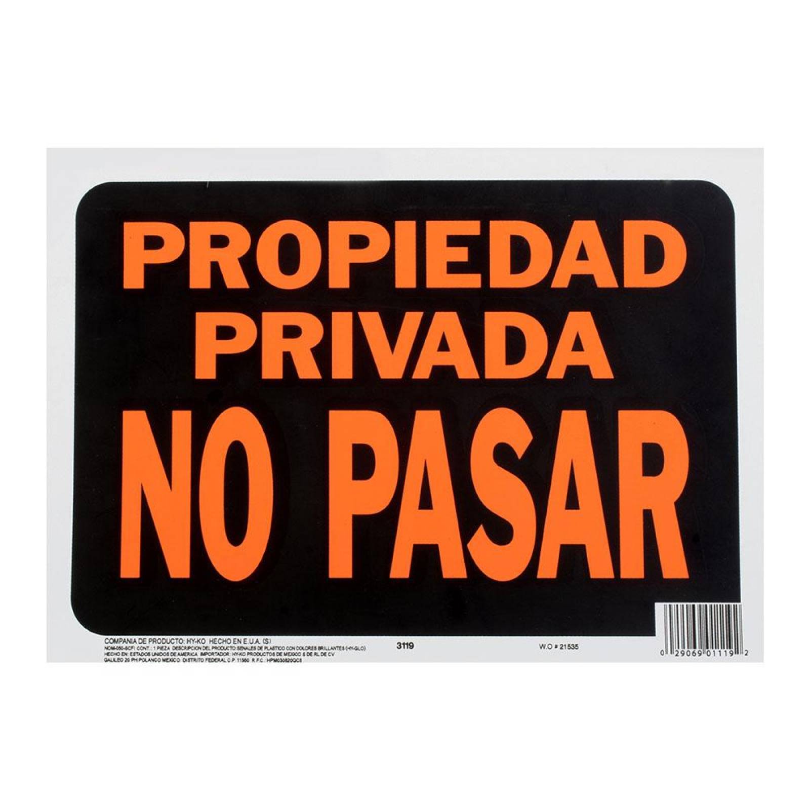 Letrero Plástic Pared Propiedad Privada No Pasar 21.5x30.6cm