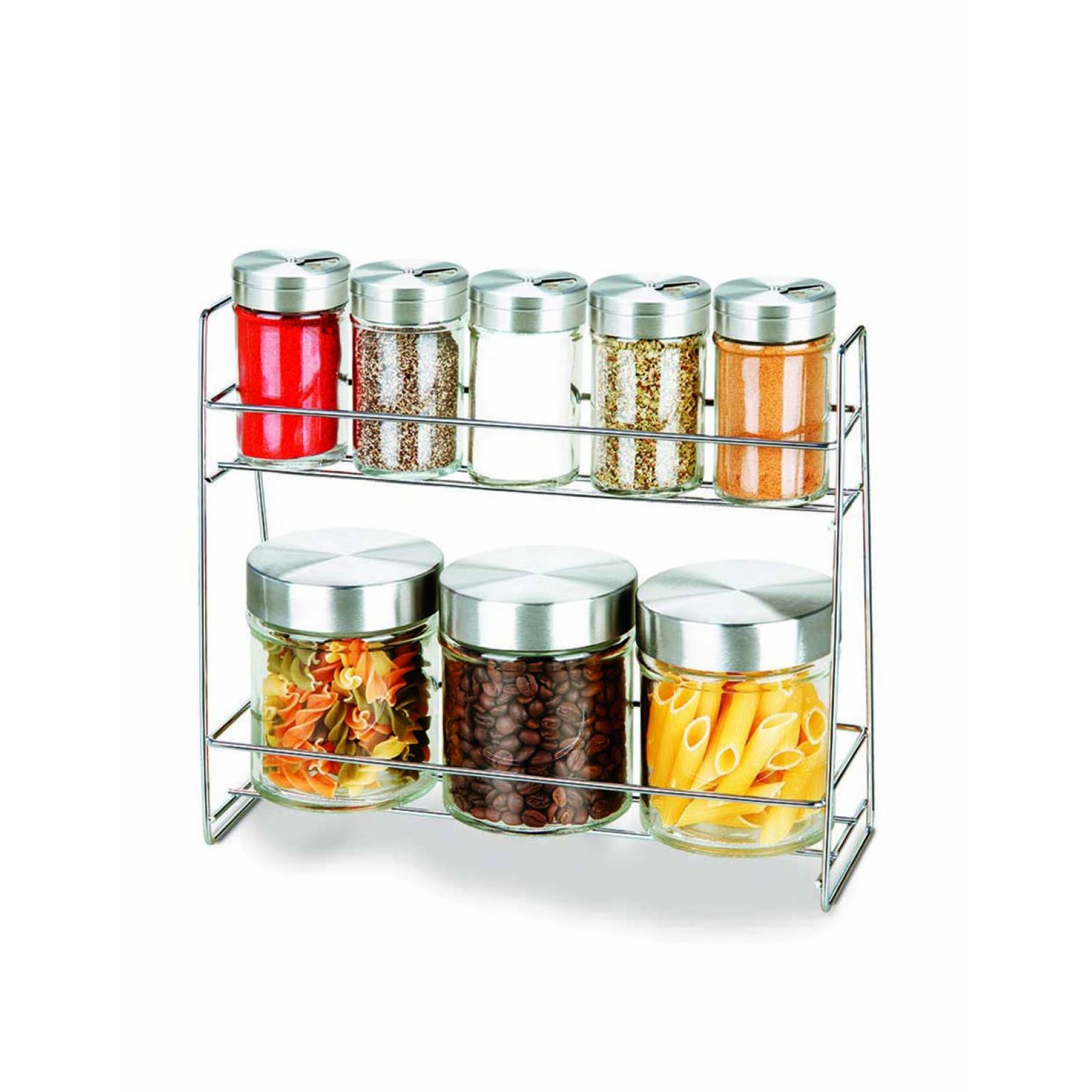 Set de 5 especieros y 3 frascos con tapa sobre un rack doble