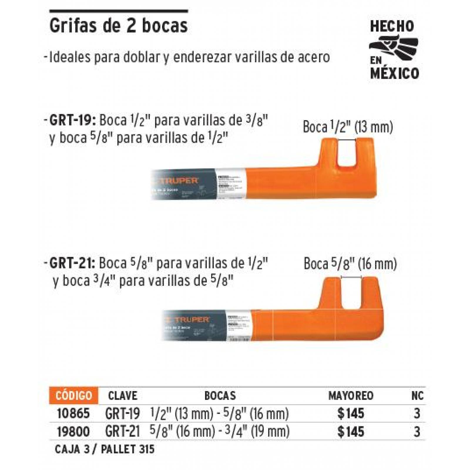 Grifa de dos bocas de 5/8 y 1/2' Truper