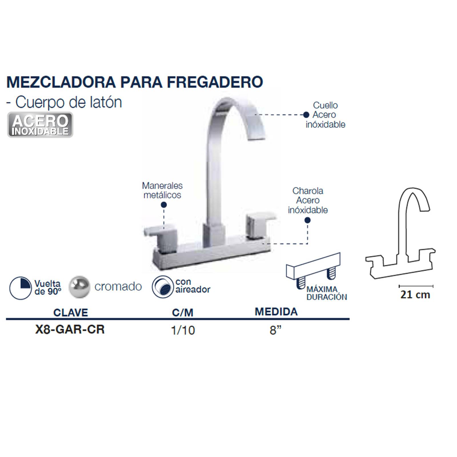 Llave Mezcladora Fregadero O Tarja Cocina Alfa Acero Inoxidable Cromad