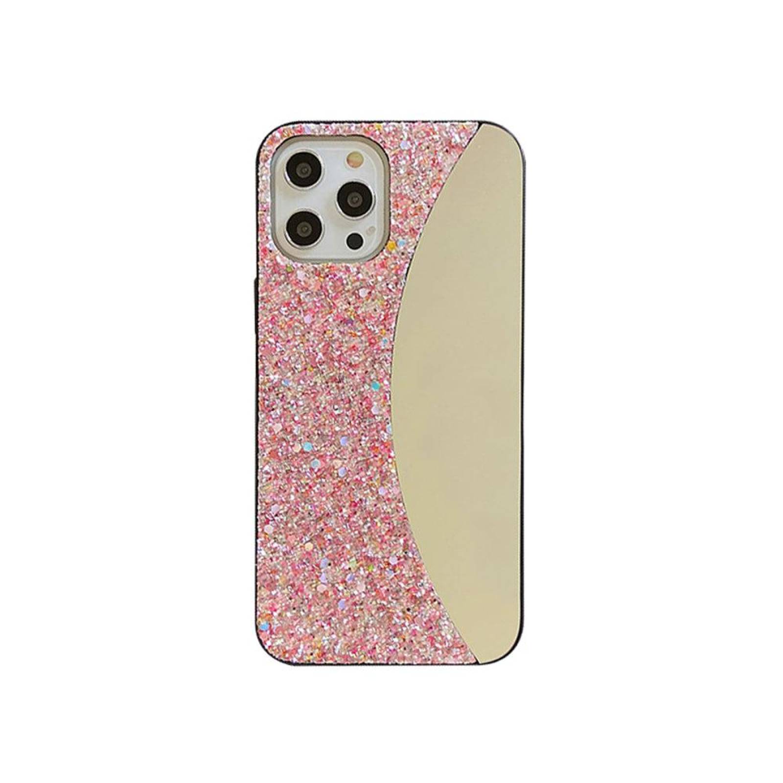 IPHONE 12 PROMAX CASE ROSA CON BRILLOS Y ESPEJO