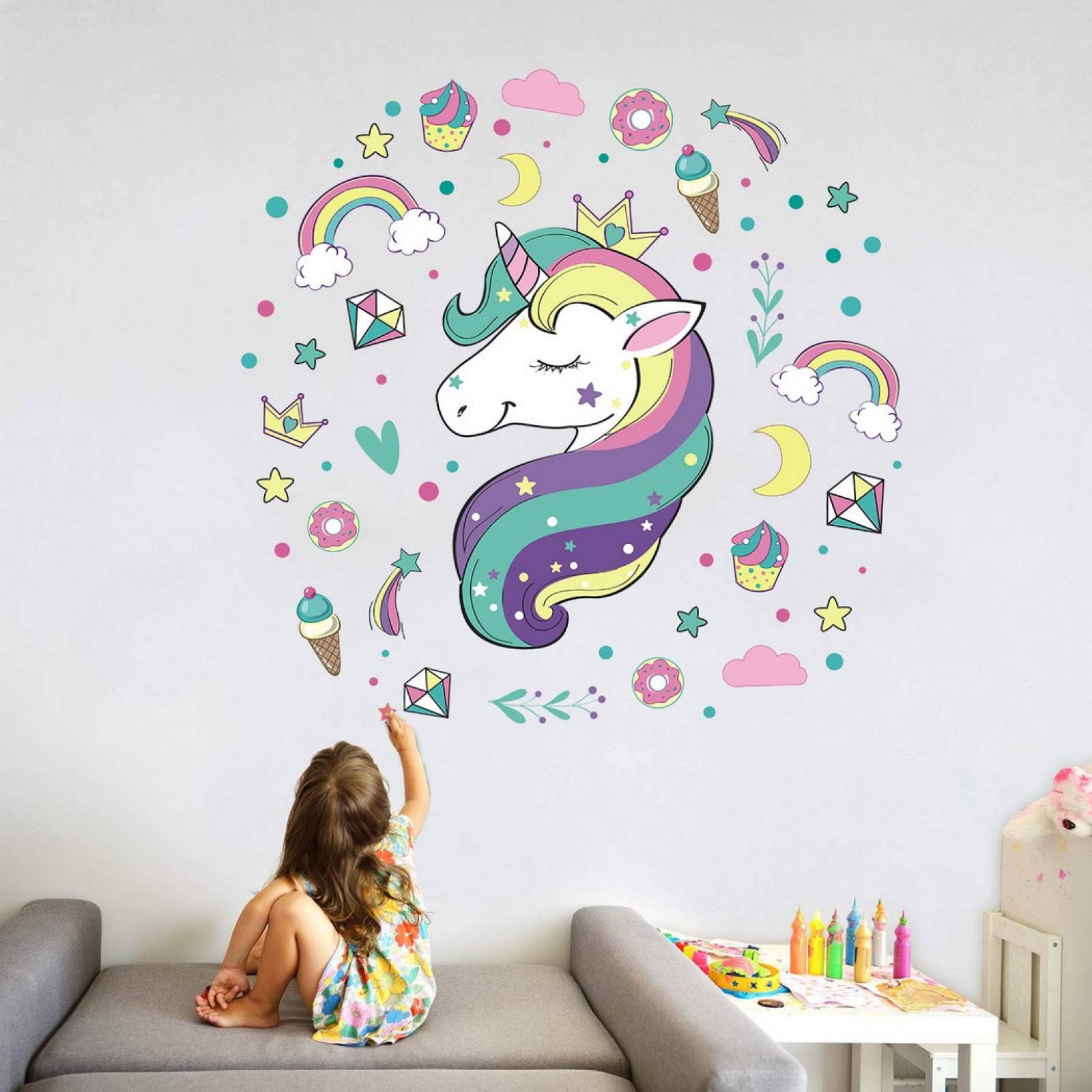 Vinil Decoratico Infantil Unicornio Arcoiris Sala Habitación