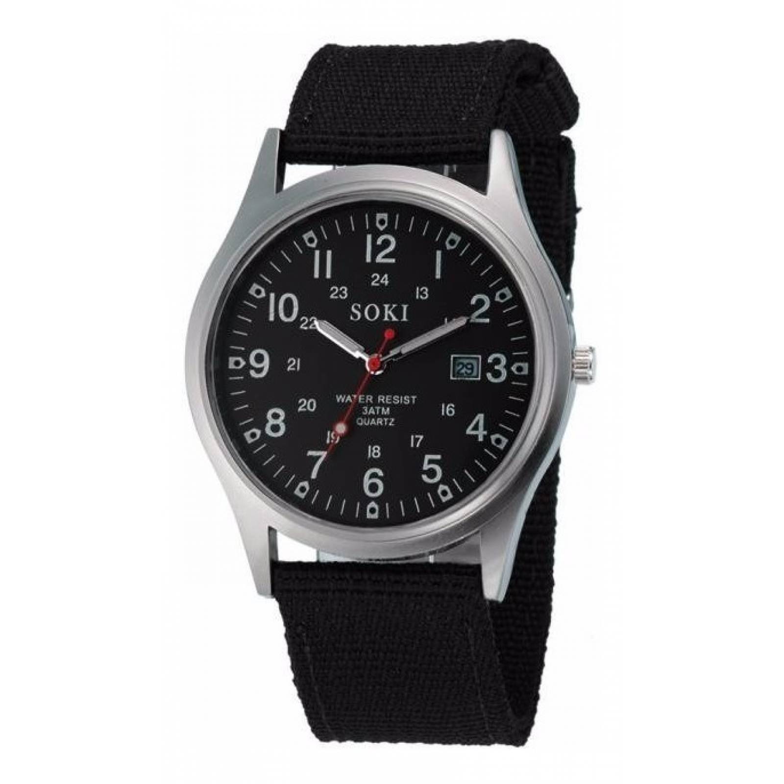 Reloj Militar Acero Lona Cuarzo Marca Soki Color Negro
