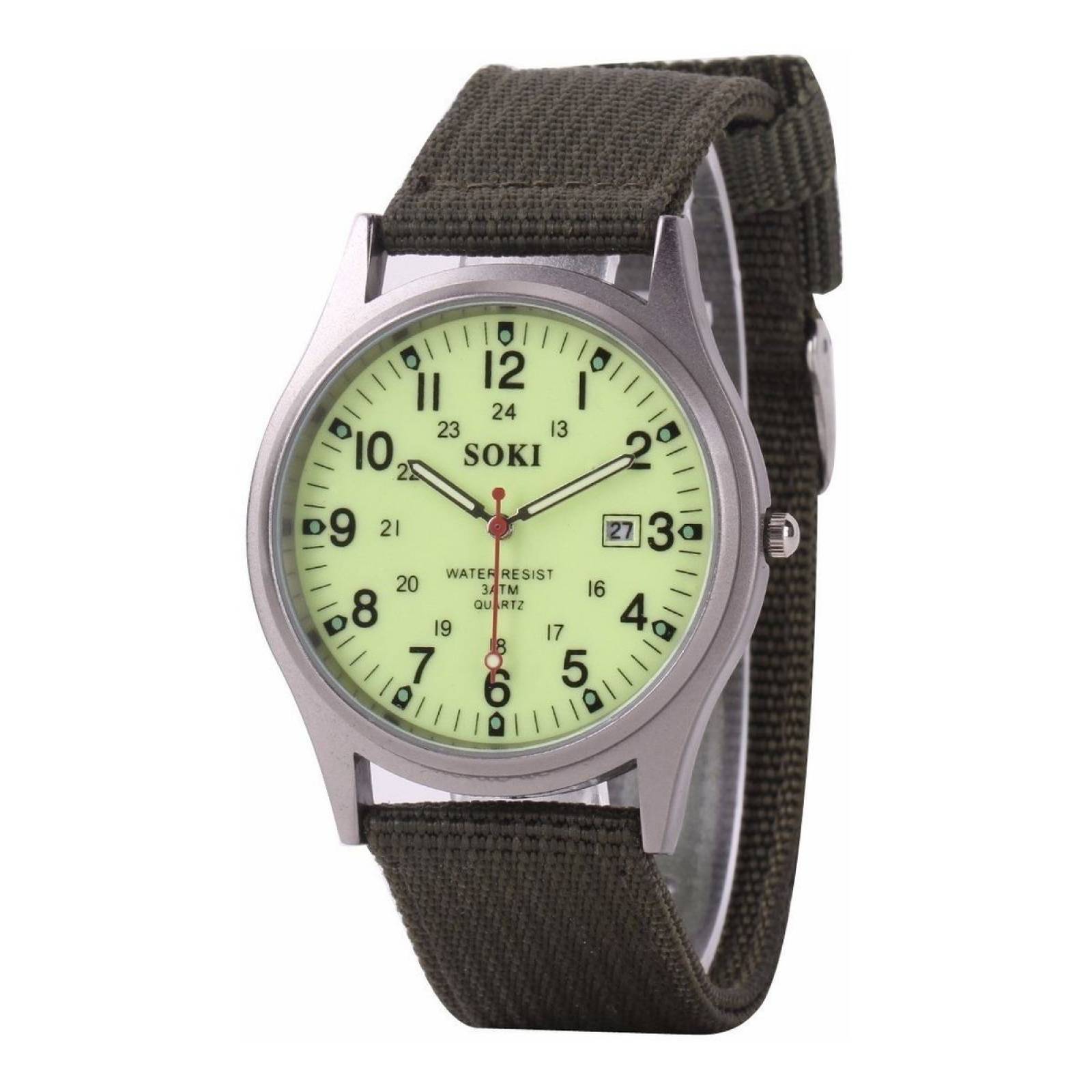 Reloj Militar Acero Lona Cuarzo Marca Soki Verde Luminoso
