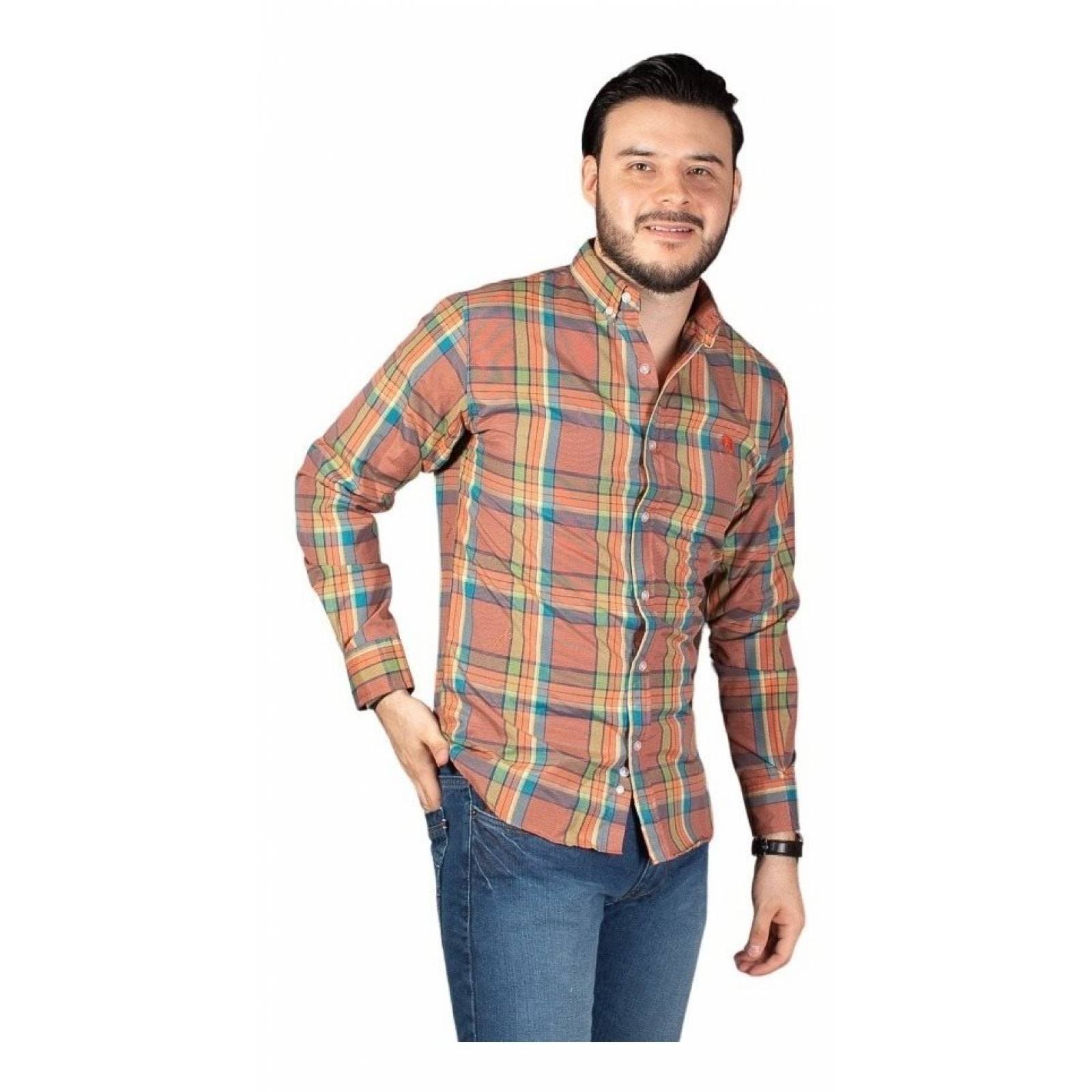 Camisa A Cuadros Hombre Slim Fit Color Ladrillo Y Azul